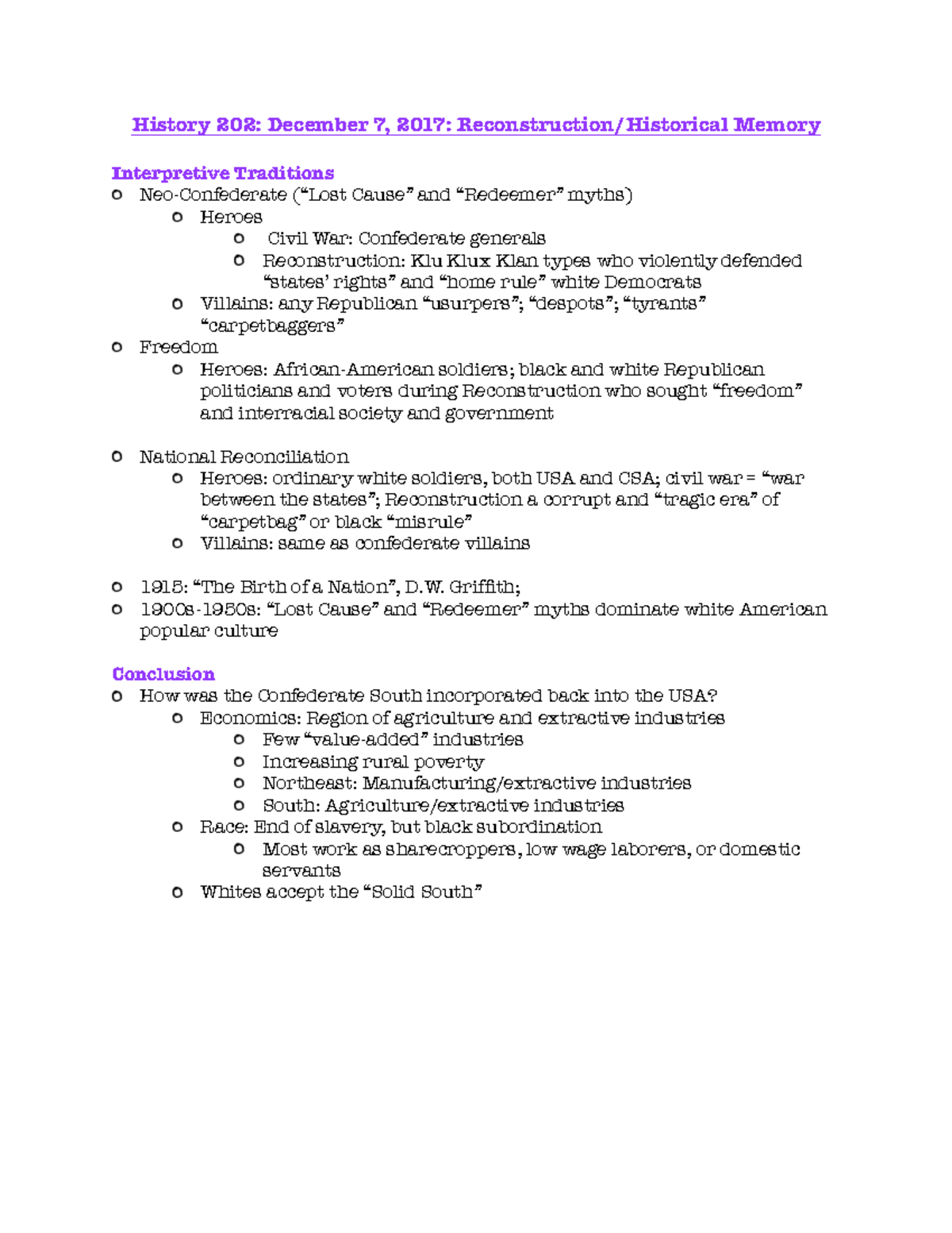 Reconstruction/Historical Memory - History 202: December 7, 2017 ...