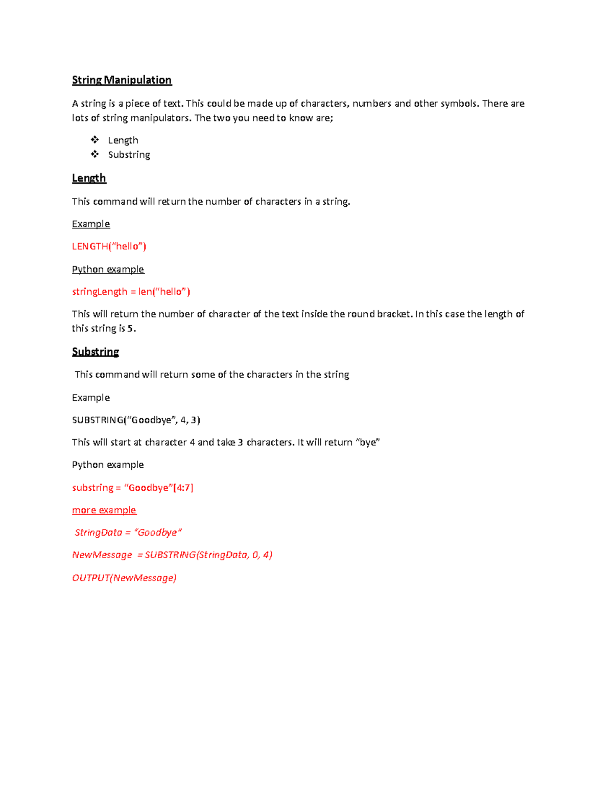 String Manipulation - This could be made up of characters, numbers and other symbols. There are ...