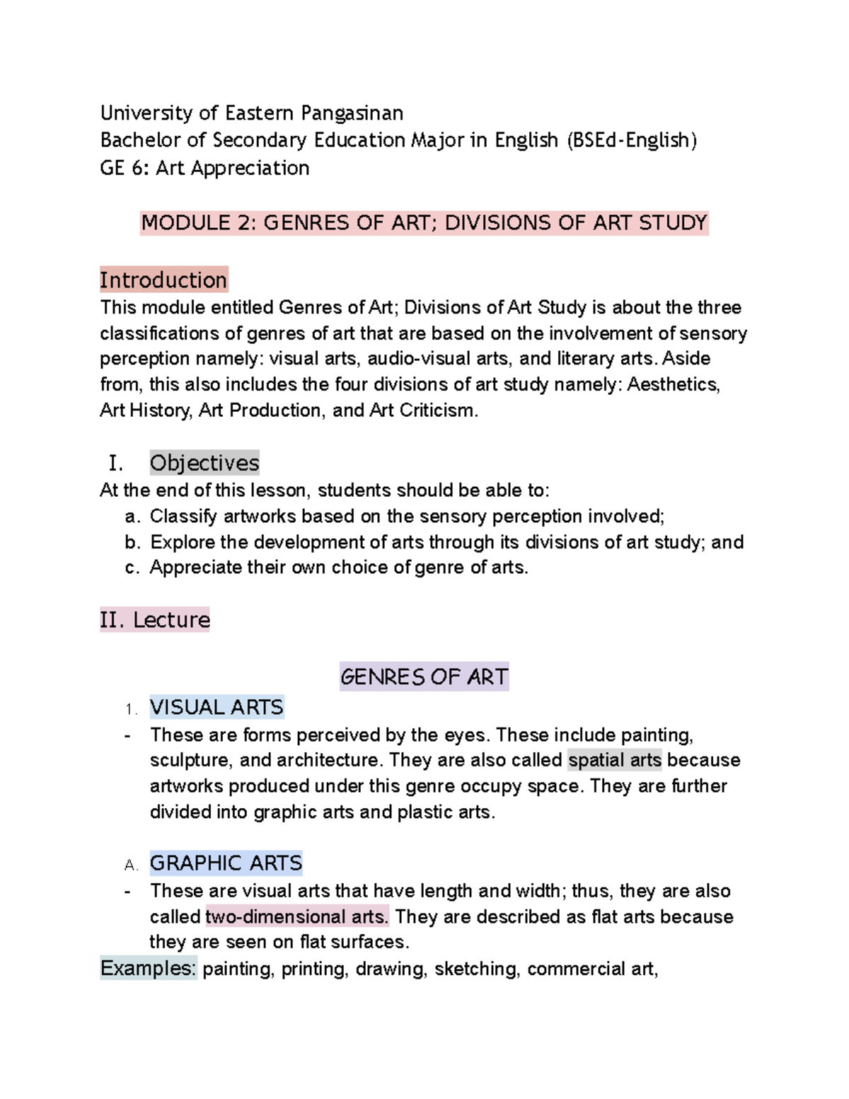 GE 6 ART Appreciation Module 2 Genres OF ART; Divisions OF ART Study - University of Eastern ...