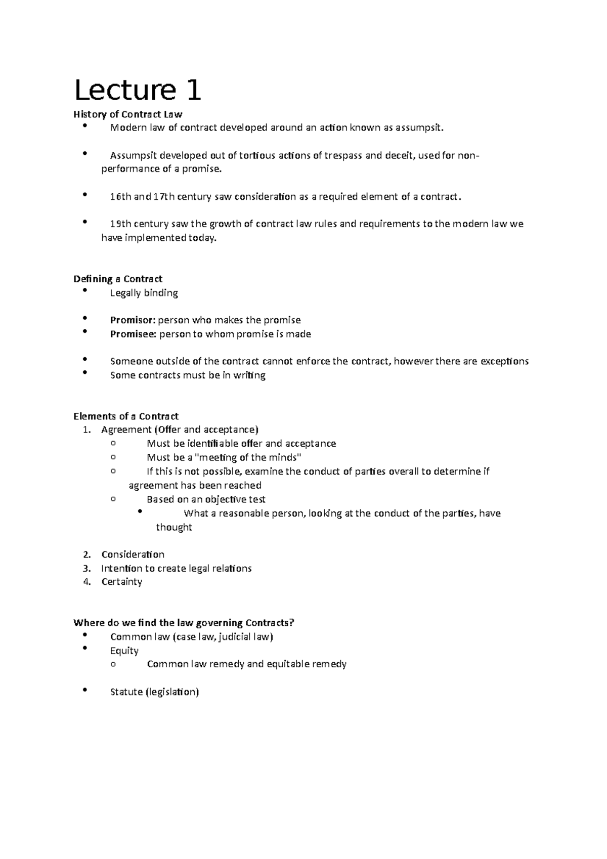 LA1105 Lectures 1-6 - Lecture notes 1-6 - Lecture 1 History of Contract ...