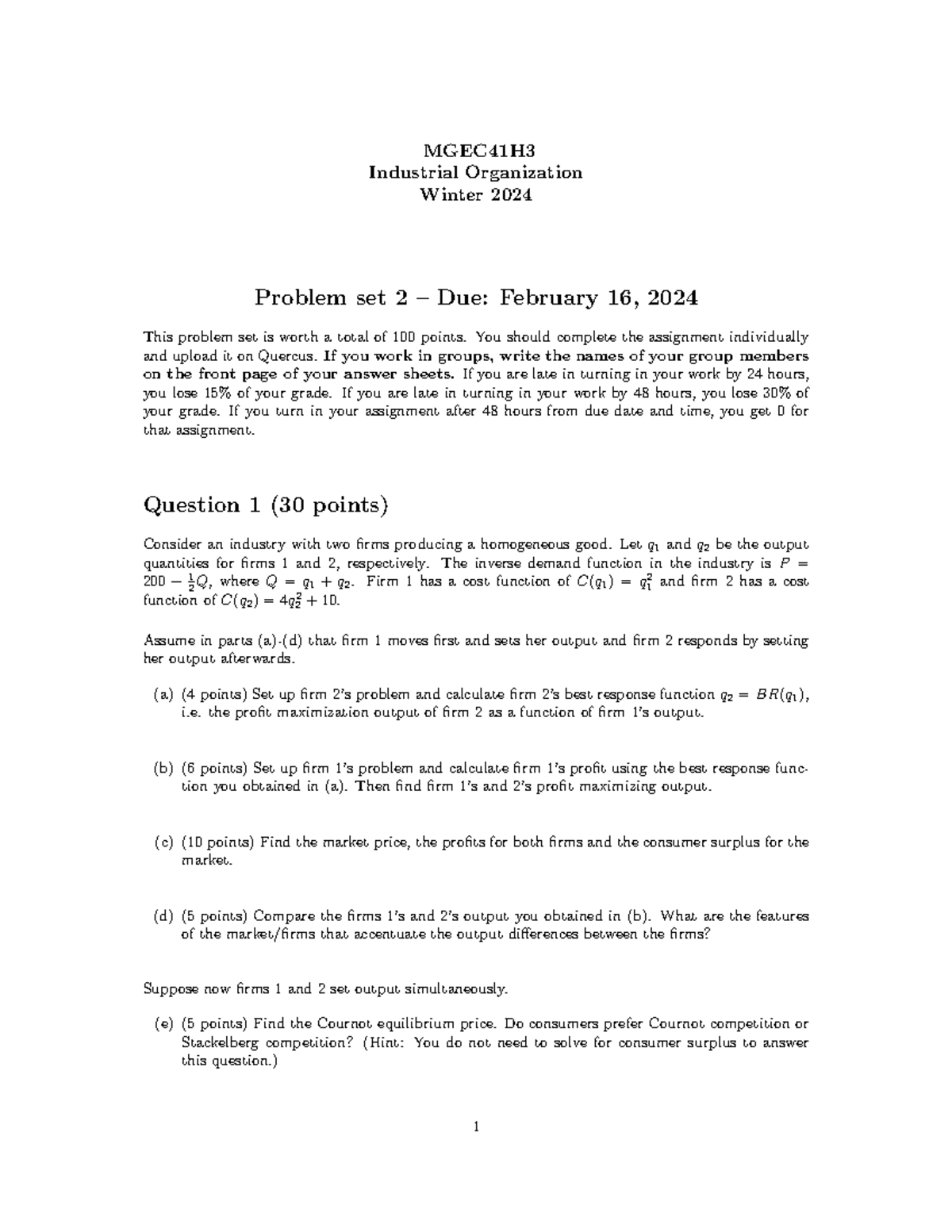 Hw2 Homework Assignment2 Mgec41h Industrial Organization Winter 2024 Problem Set 2 Due