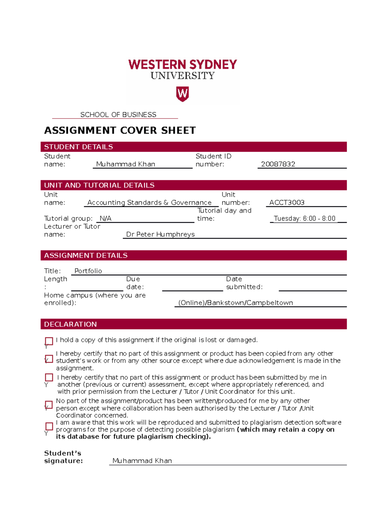 Week 9 - Week 9 portfolio - SCHOOL OF BUSINESS ASSIGNMENT COVER SHEET ...