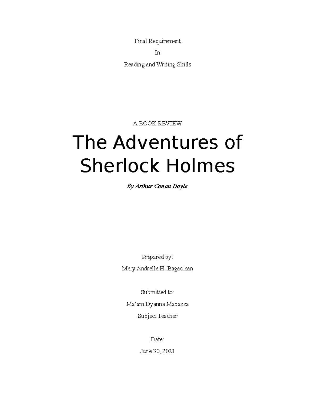 Reading and Writing - Book review Sherlock Holmes - Final Requirement ...
