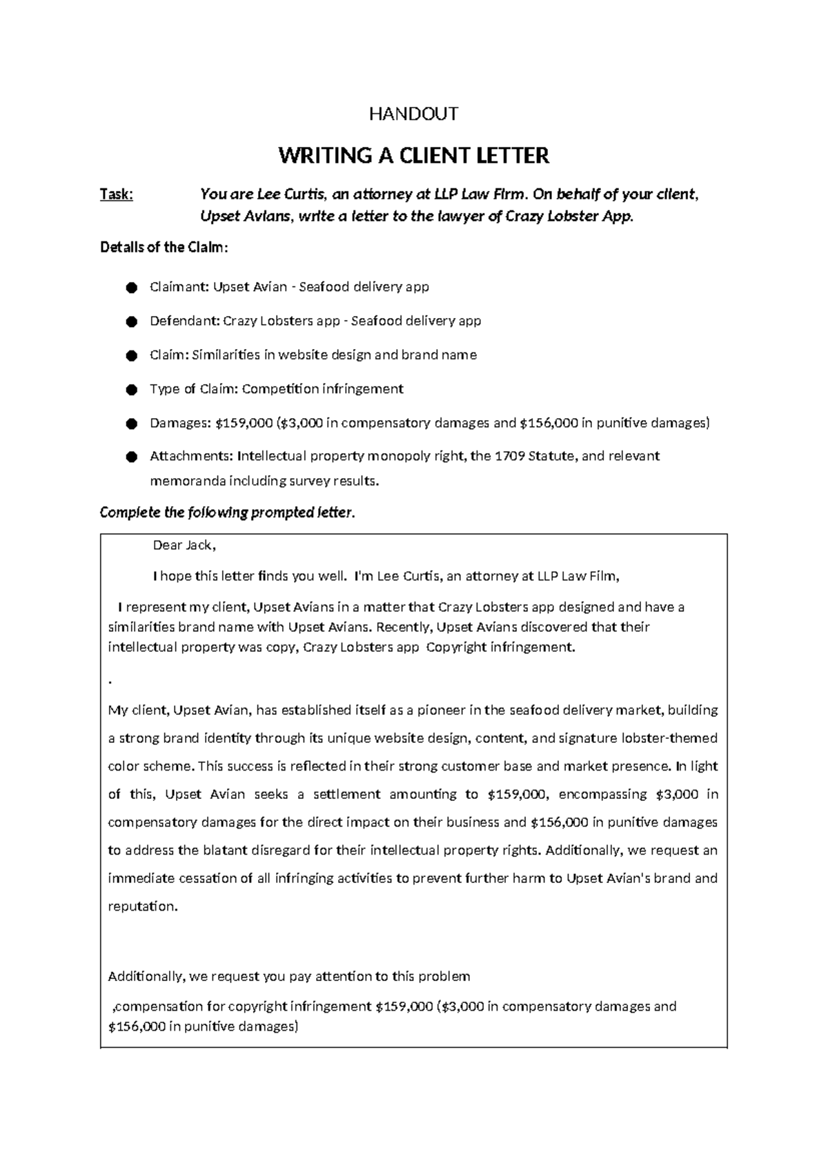 Unit 1 Writing Handout - english - HANDOUT WRITING A CLIENT LETTER Task ...