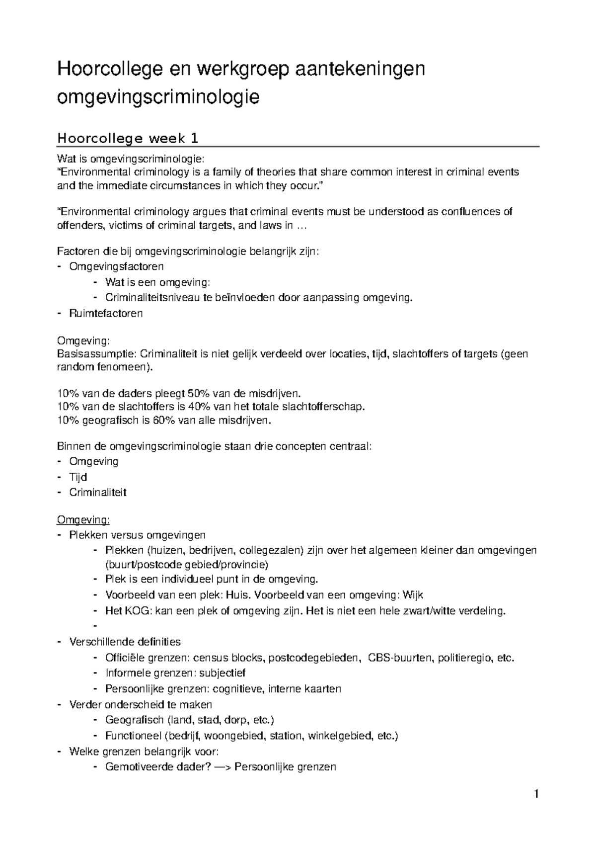 Hc And Wg Omgevingscriminologie Hoorcollege En Werkgroep Aantekeningen