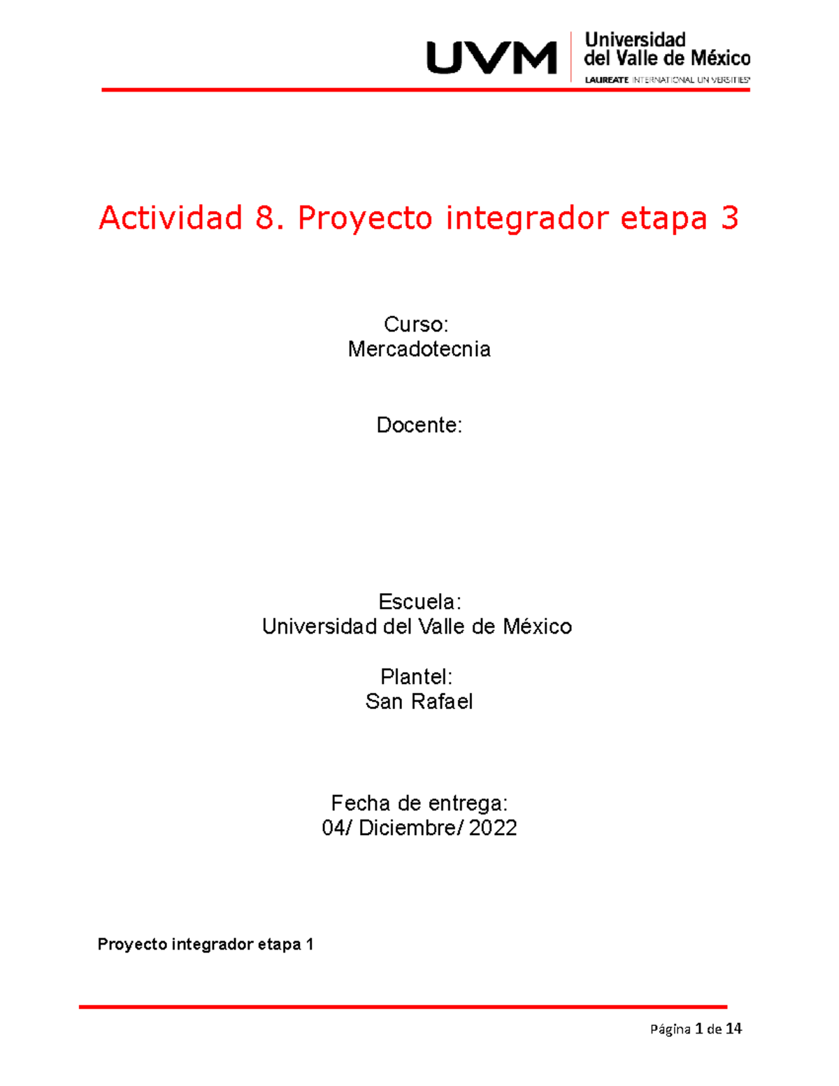 A6 Proyecto Integrador Etapa 2 - Actividad 8. Proyecto integrador etapa 3 Curso: Mercadotecnia ...