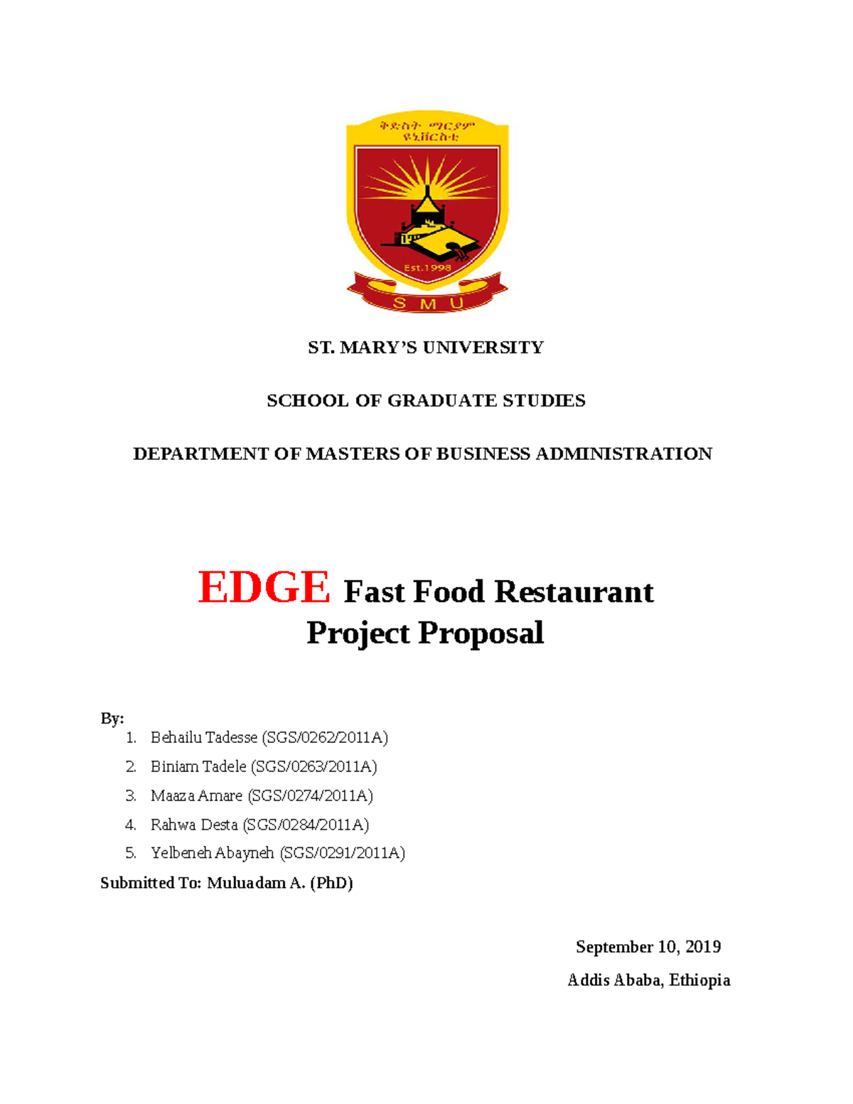 EDGE Fast Food Restaurant Project Proposal - ST. MARY’S UNIVERSITY ...