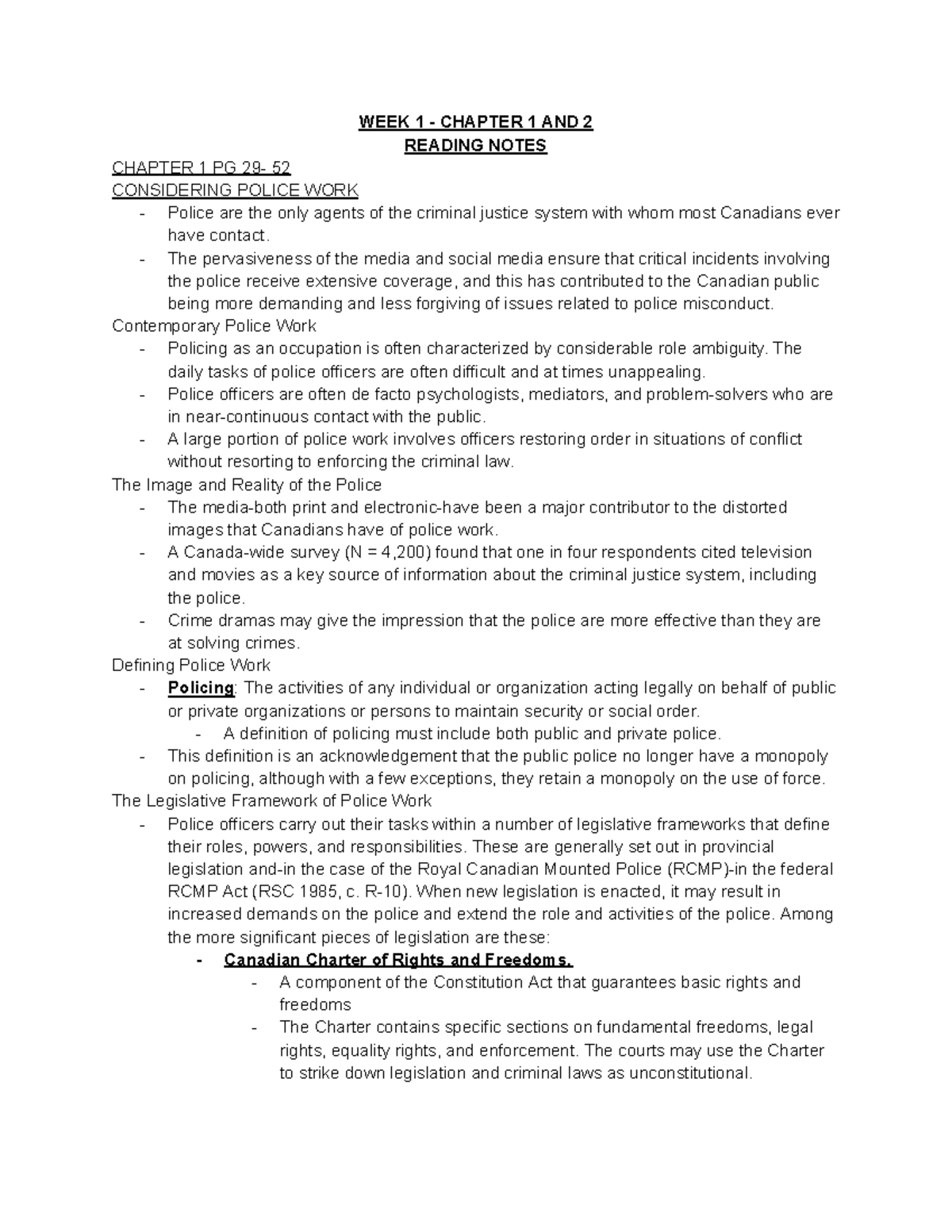 CRIM 220 Notes - WEEK 1 - CHAPTER 1 AND 2 READING NOTES CHAPTER 1 PG 29 ...
