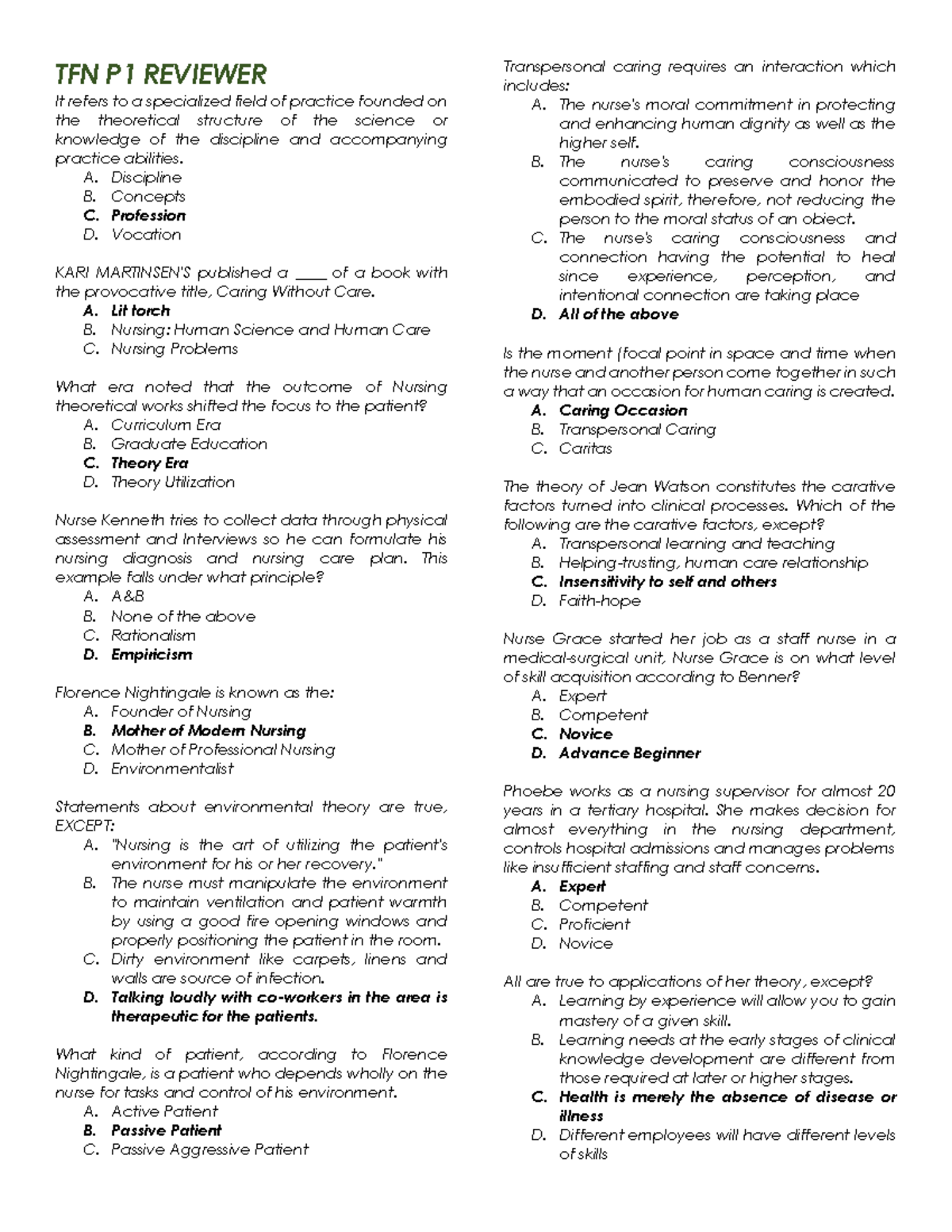 TFN P1 Reviewer - TFN P1 REVIEWER It refers to a specialized field of practice founded on the ...