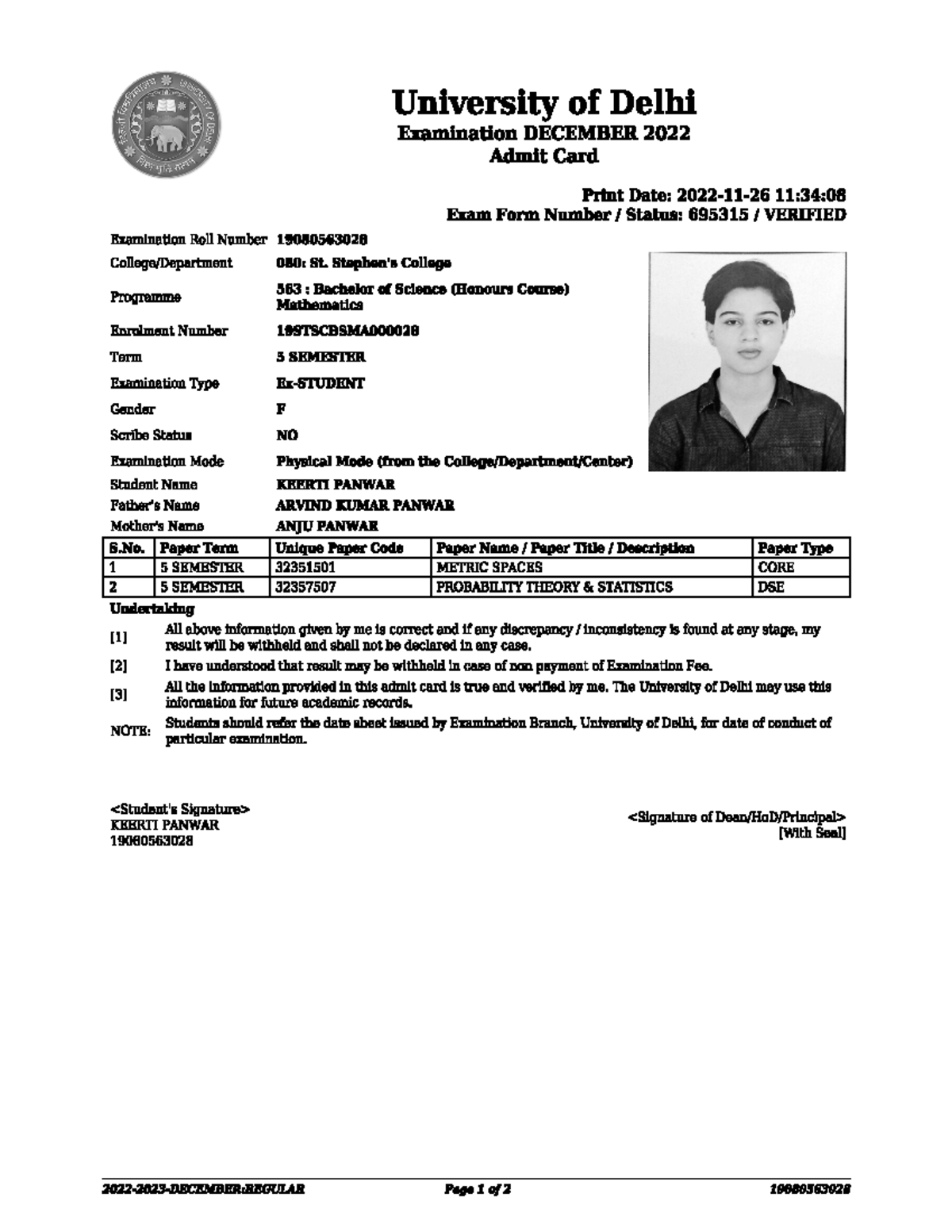 Admit card sem 5 improvement - Maths - Studocu