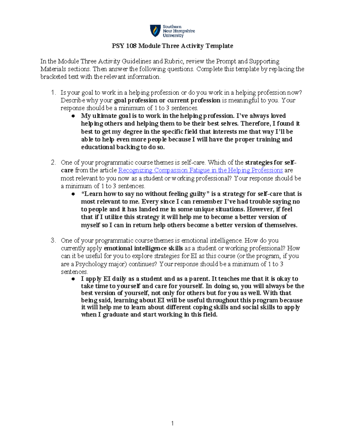 PSY 108 Activity (Module 3) - PSY 108 Module Three Activity Template In the Module Three ...