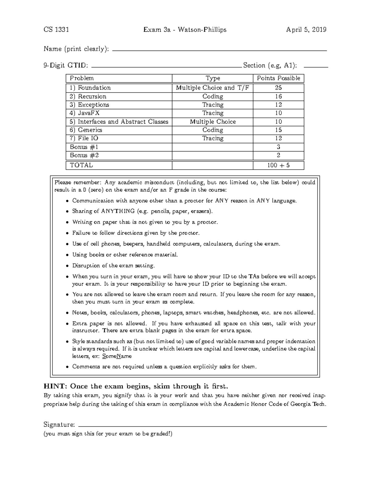 Watson-phillips sp19 exam3a final - CS 1331 Exam 3a - Watson-Phillips April 5, 2019 Name (print ...