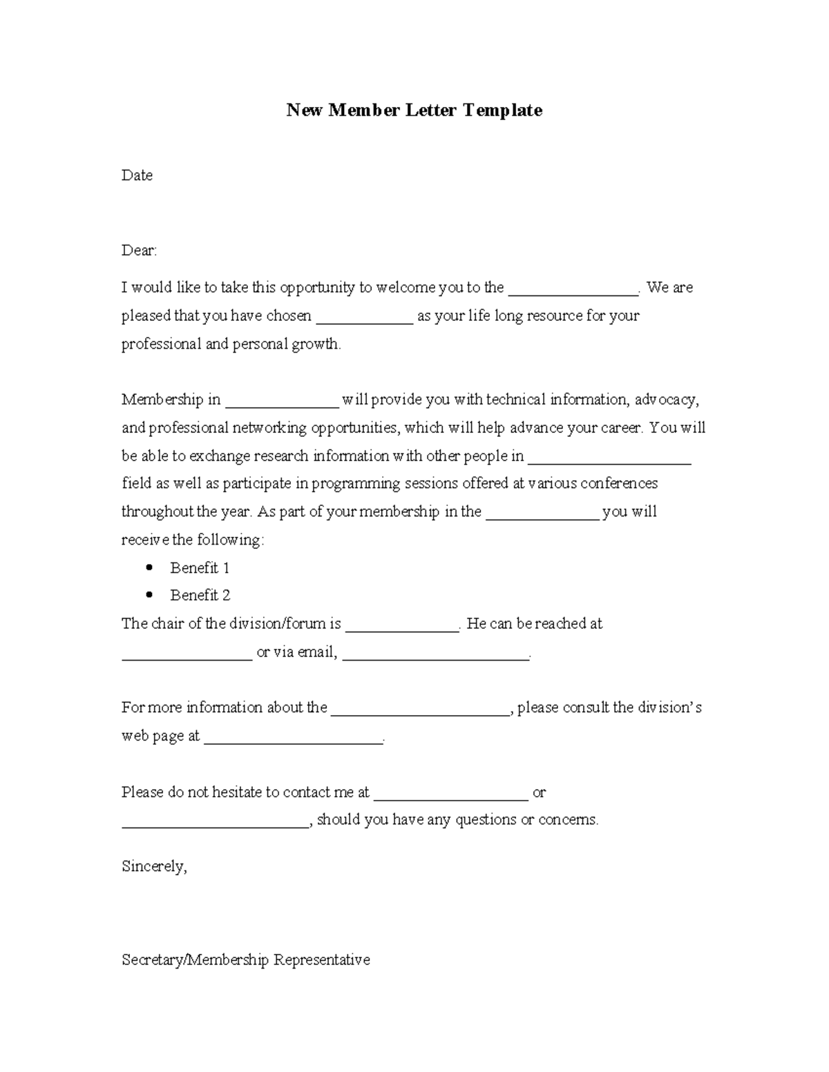 Template for New Member Welcome Letter - New Member Letter Template ...