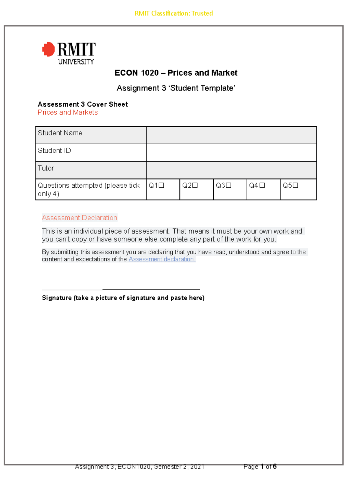 Assignment 3 S22021 Student Template - ECON1275 - RMIT University - Studocu