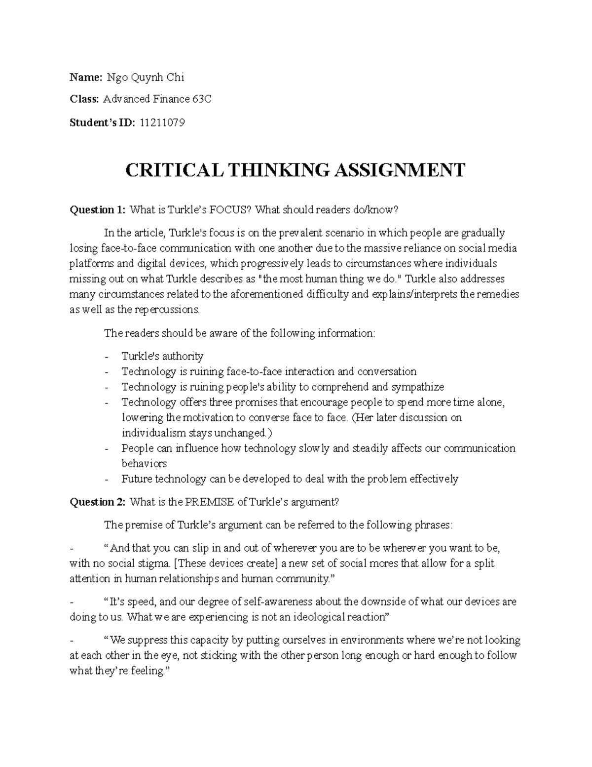 Critical Thinking Assignment - Name: Ngo Quynh Chi Class: Advanced Finance 63C Student’s ID ...