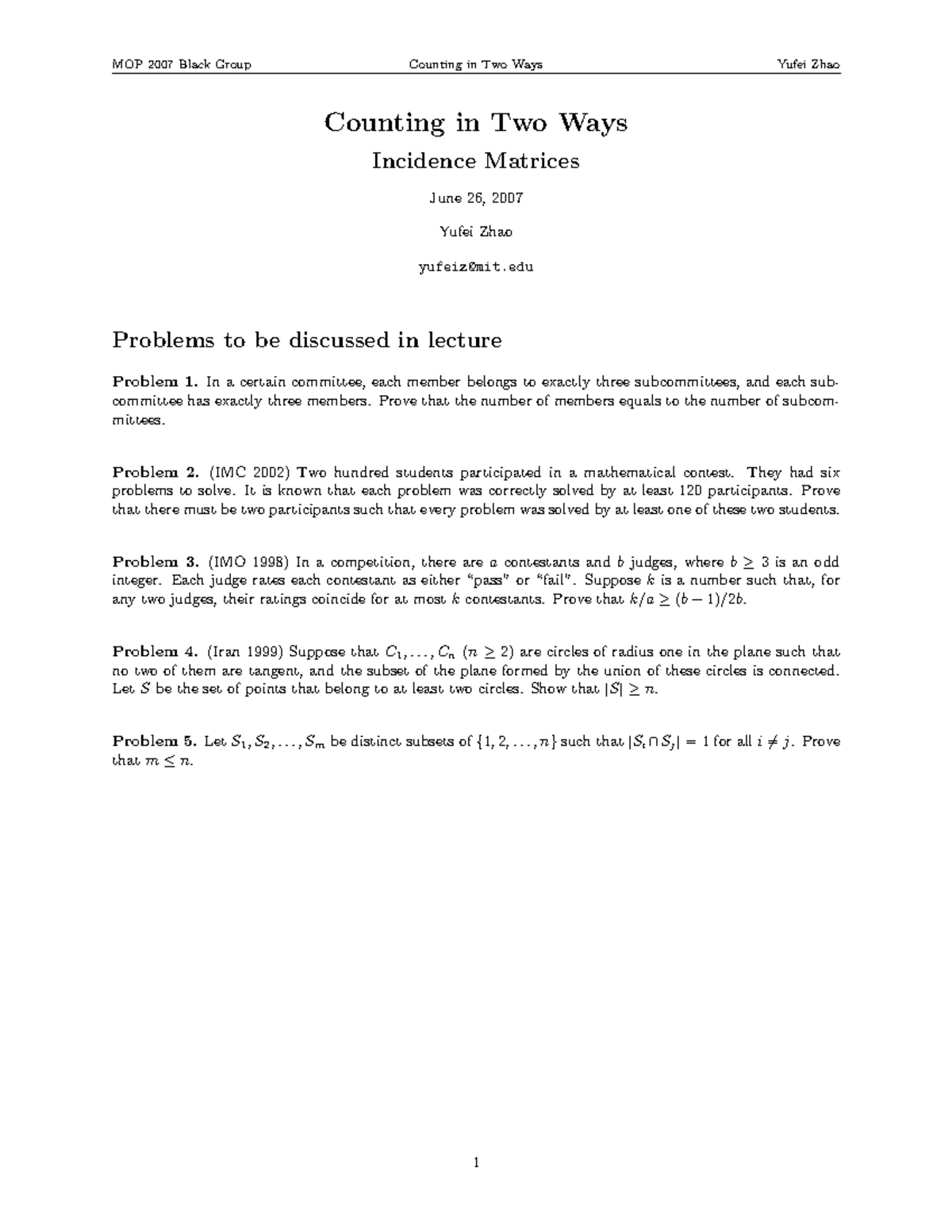 C doublecounting mop - dfsfnsef - Counting in Two Ways Incidence Matrices June 26, 2007 Yufei ...