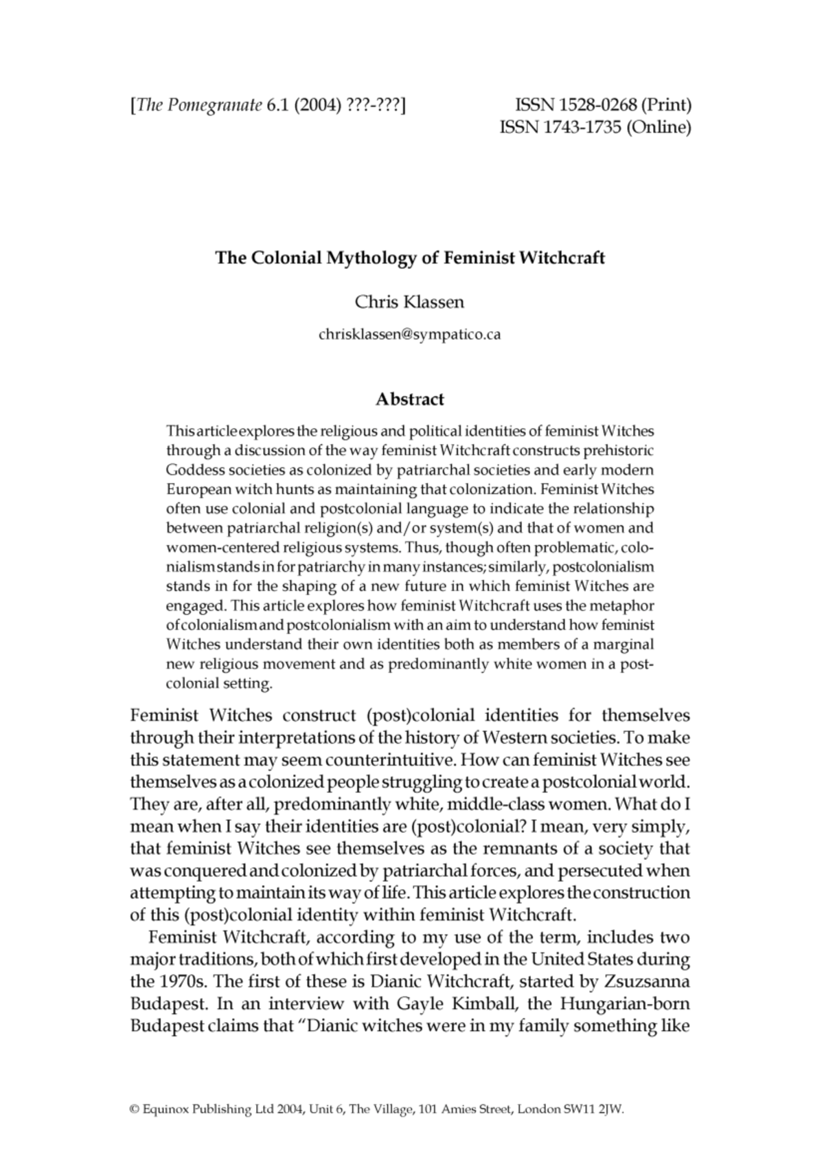 Klassen Colonial Mythology of Feminist Witchcraft 2004 - ISSN 1528-0268 ...