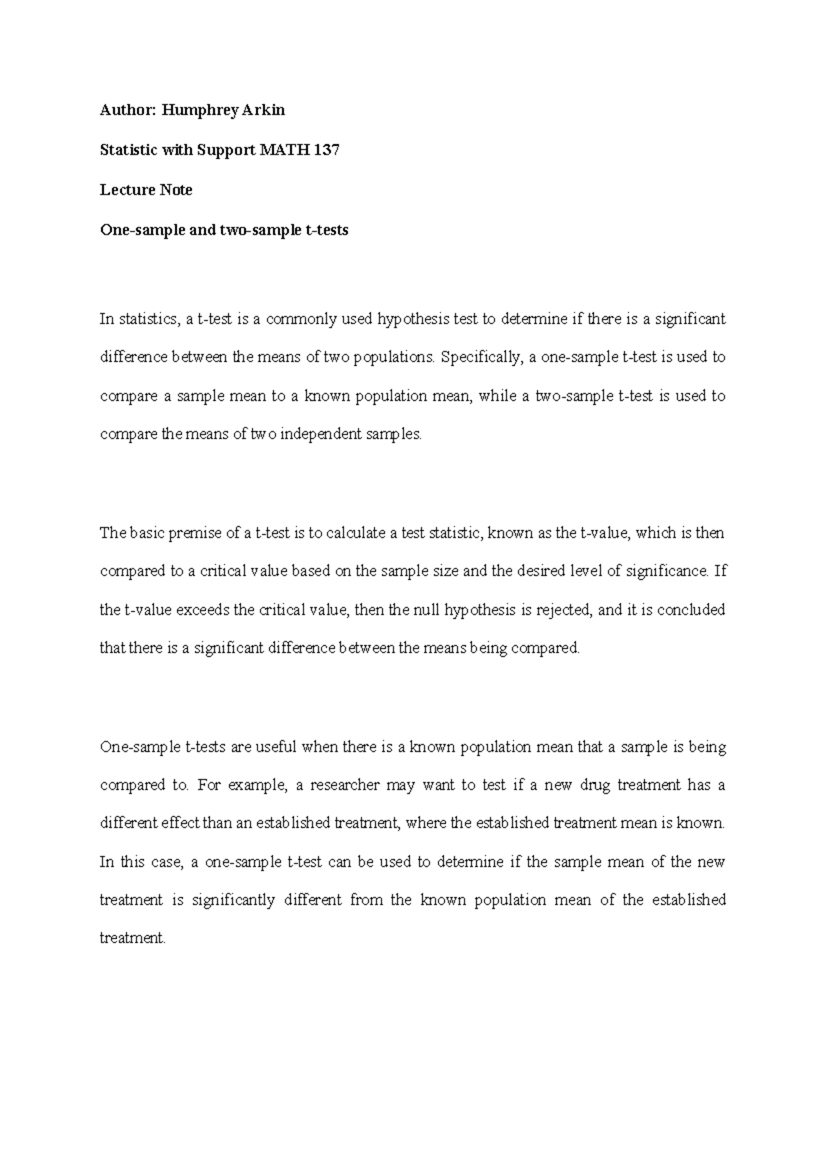 One-sample and two-sample t-tests Statistic with Support MATH 227S ...