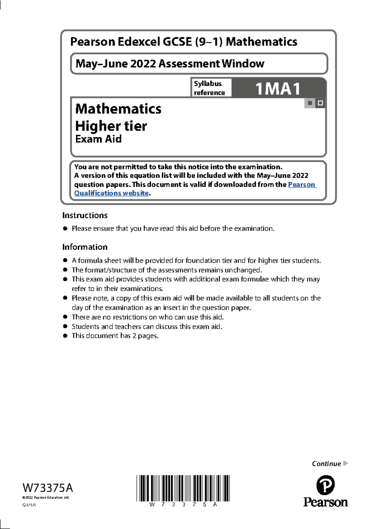 Edexcel GCSE Maths Higher Formulae Sheet 2022 - W73375A W73375A ©2022 Pearson Education Ltd ...