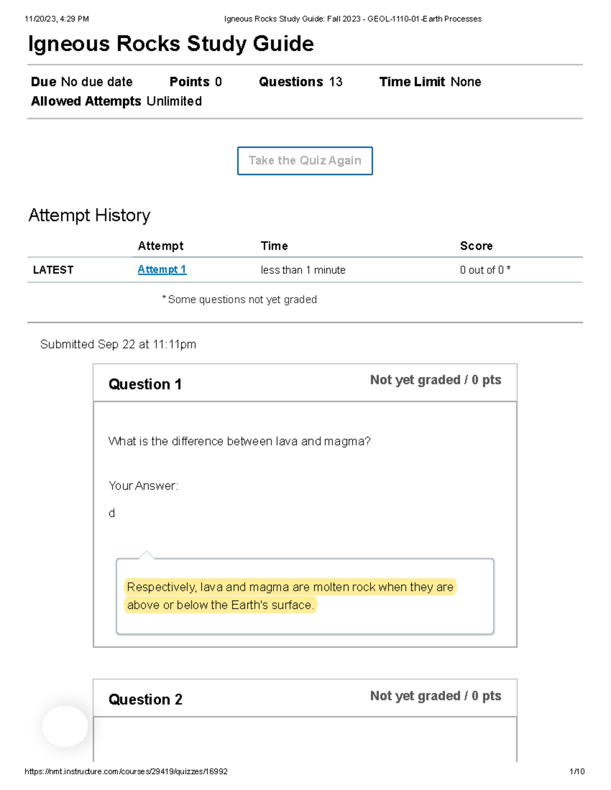 Igneous Rocks Study Guide Fall 2023 - GEOL-1110-01-Earth Processes ...