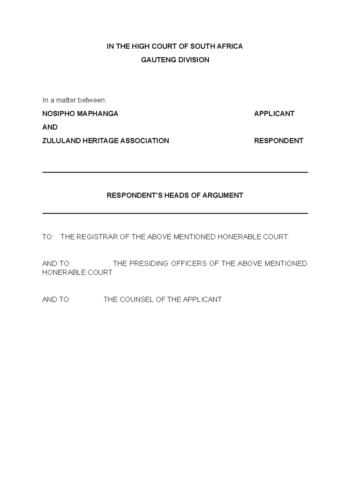 Heads OF Argument for skills for law - IN THE HIGH COURT OF SOUTH ...