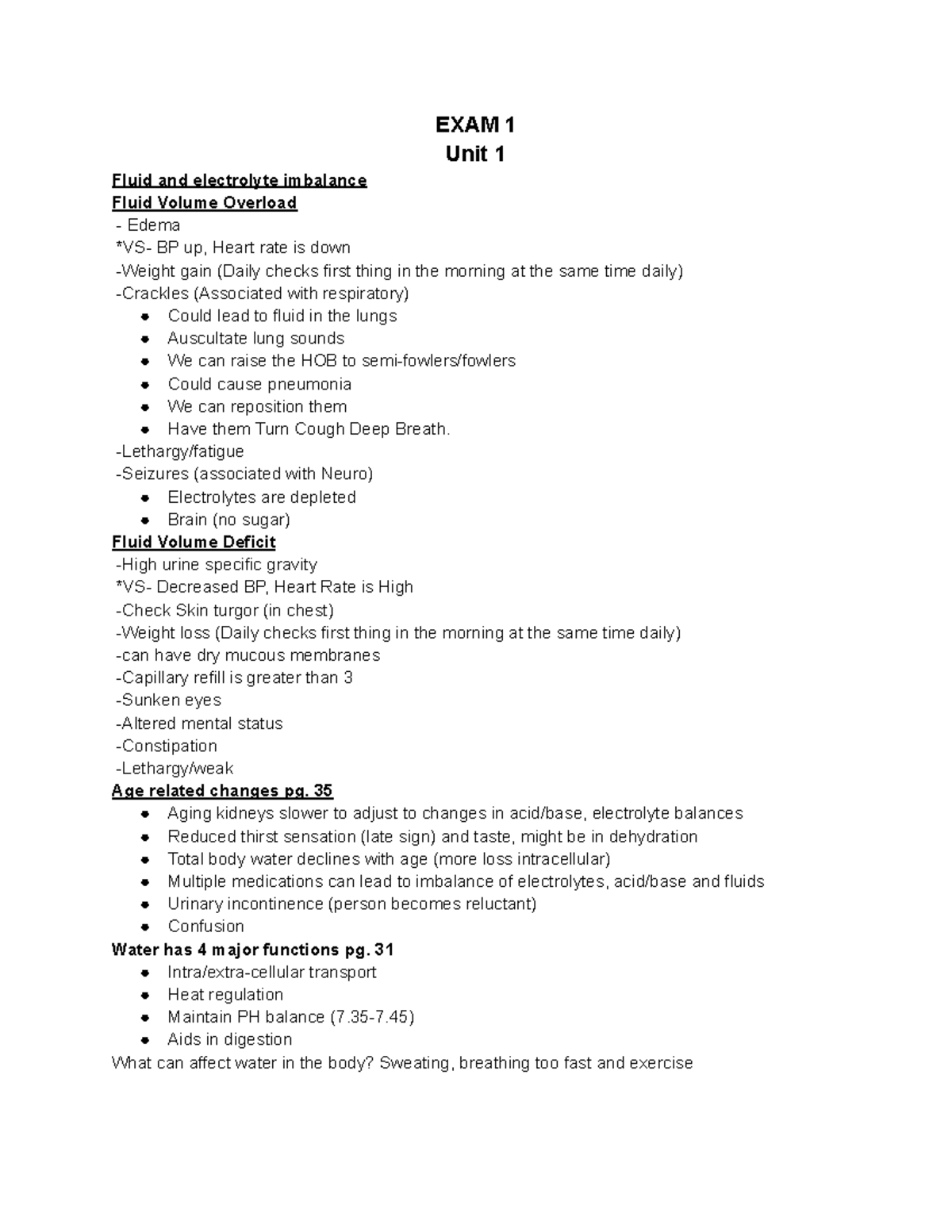 Med Surg Exam 1 - Exam1notes LVN - EXAM 1 Unit 1 Fluid and electrolyte ...