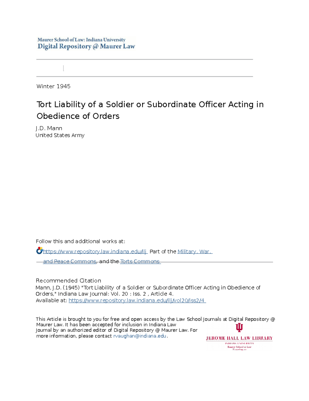 Tort Liability of a Soldier or Subordinate Officer Acting in Obed ...