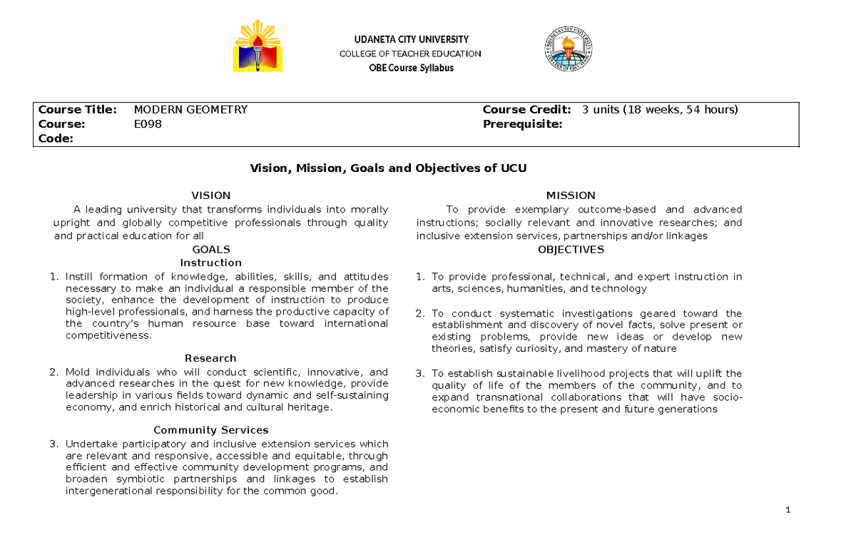 Report Modern Geometry Syllabus - COLLEGE OF TEACHER EDUCATION OBE ...