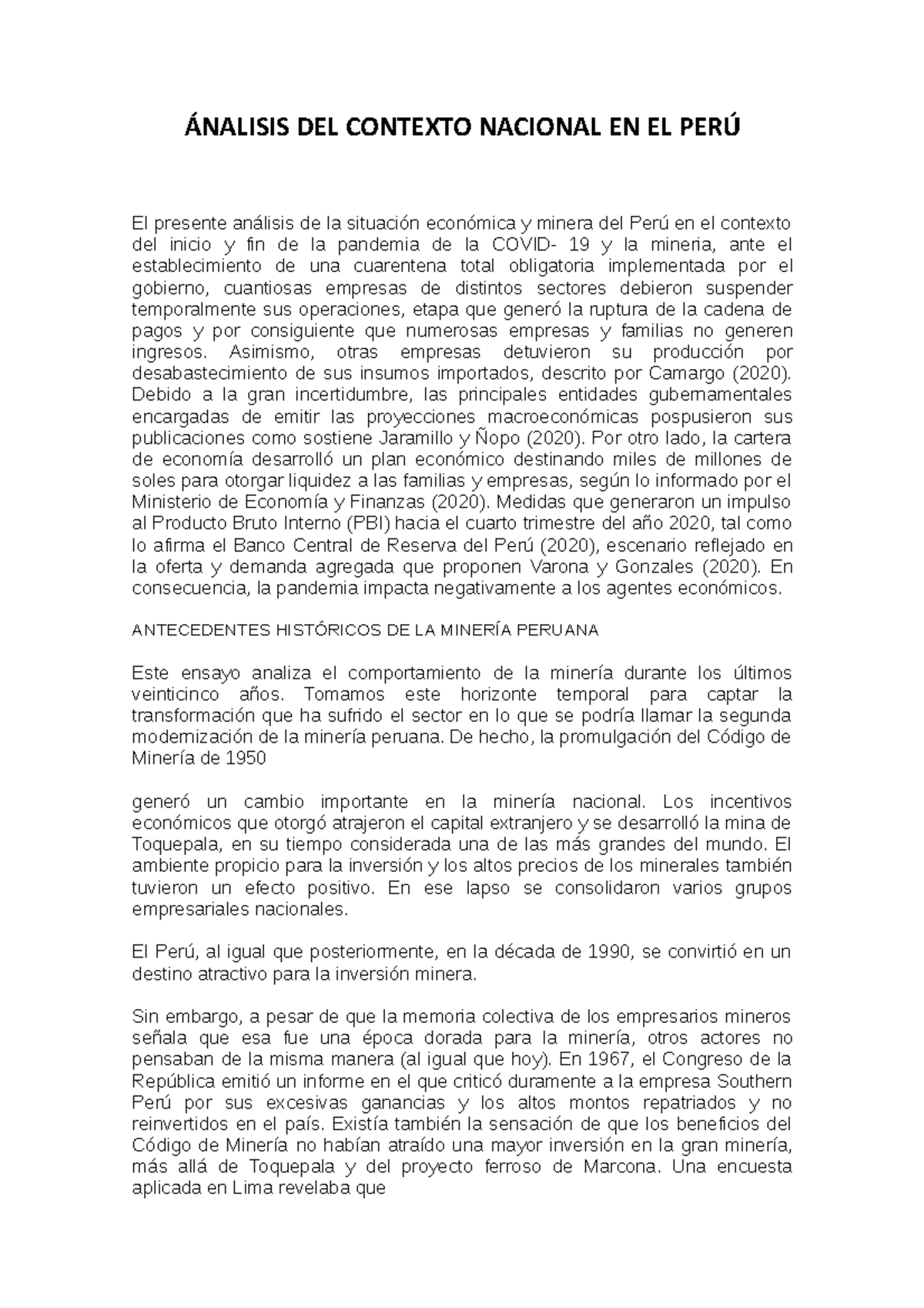 Ánalisis DEL Contexto Nacional EN EL PERÚ - ÁNALISIS DEL CONTEXTO NACIONAL EN EL PERÚ El ...