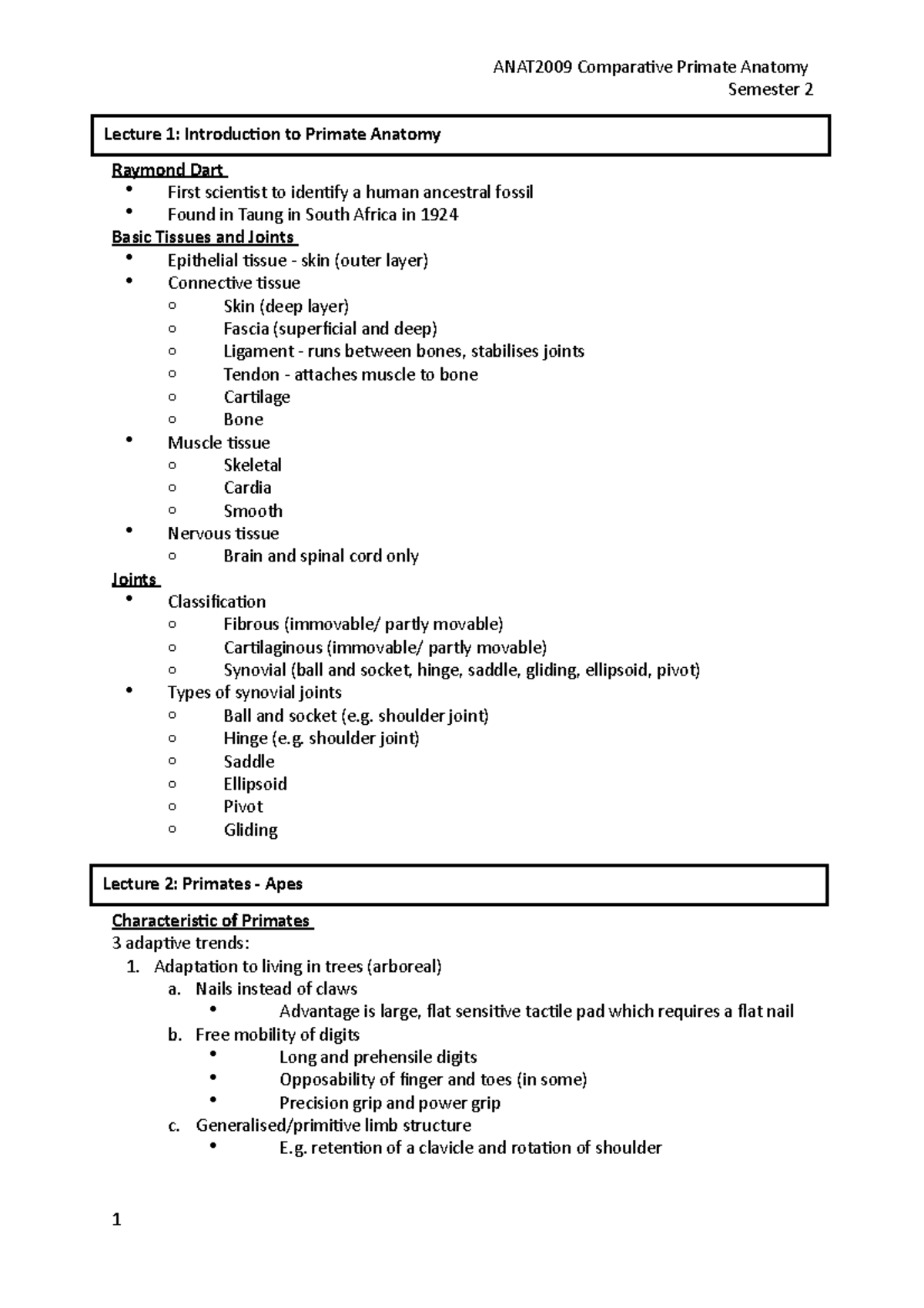 ANAT2009 Notes - ANAT2009 Comparative Primate Anatomy Semester 2 ...