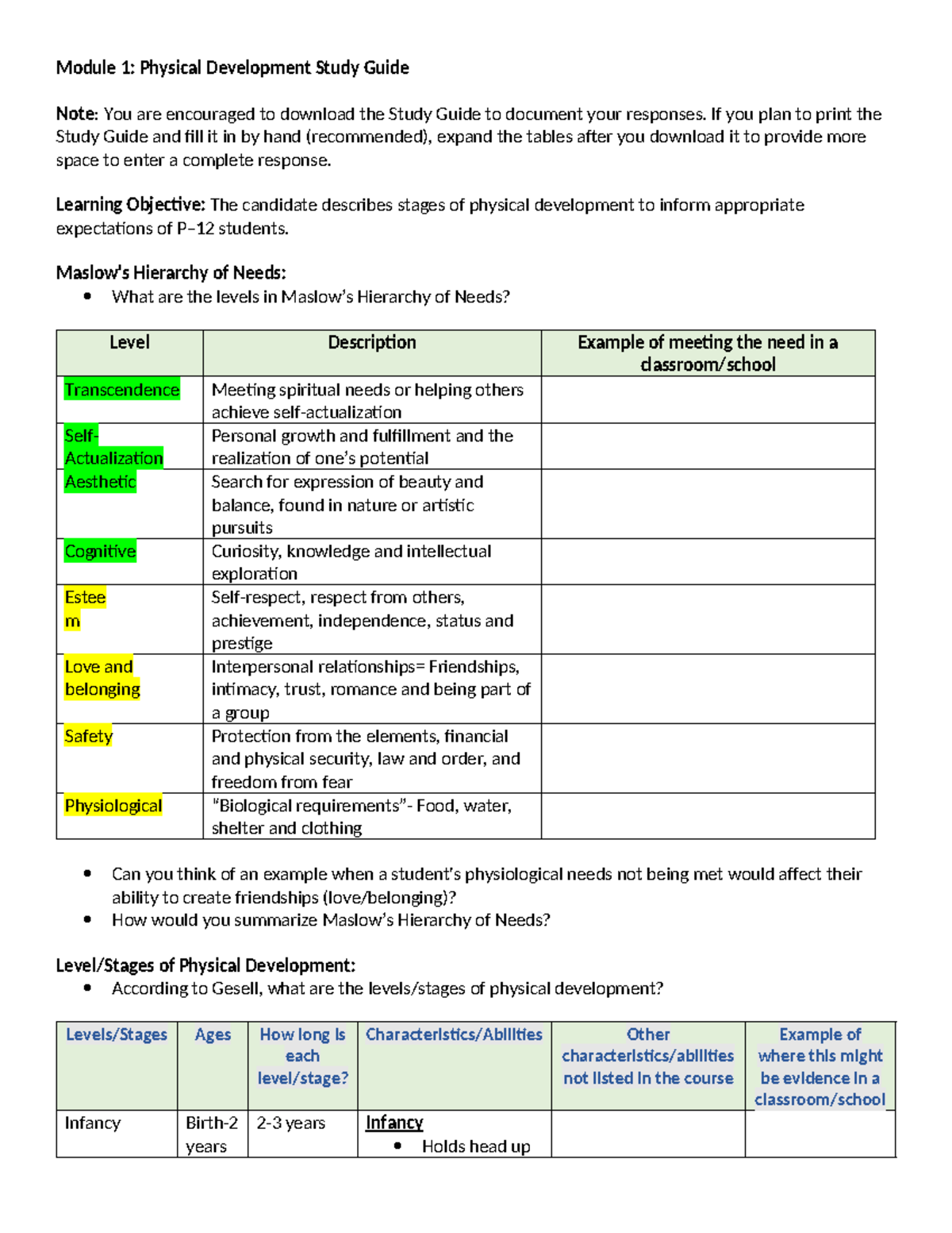 Module 1 - notes - Module 1: Physical Development Study Guide Note: You ...