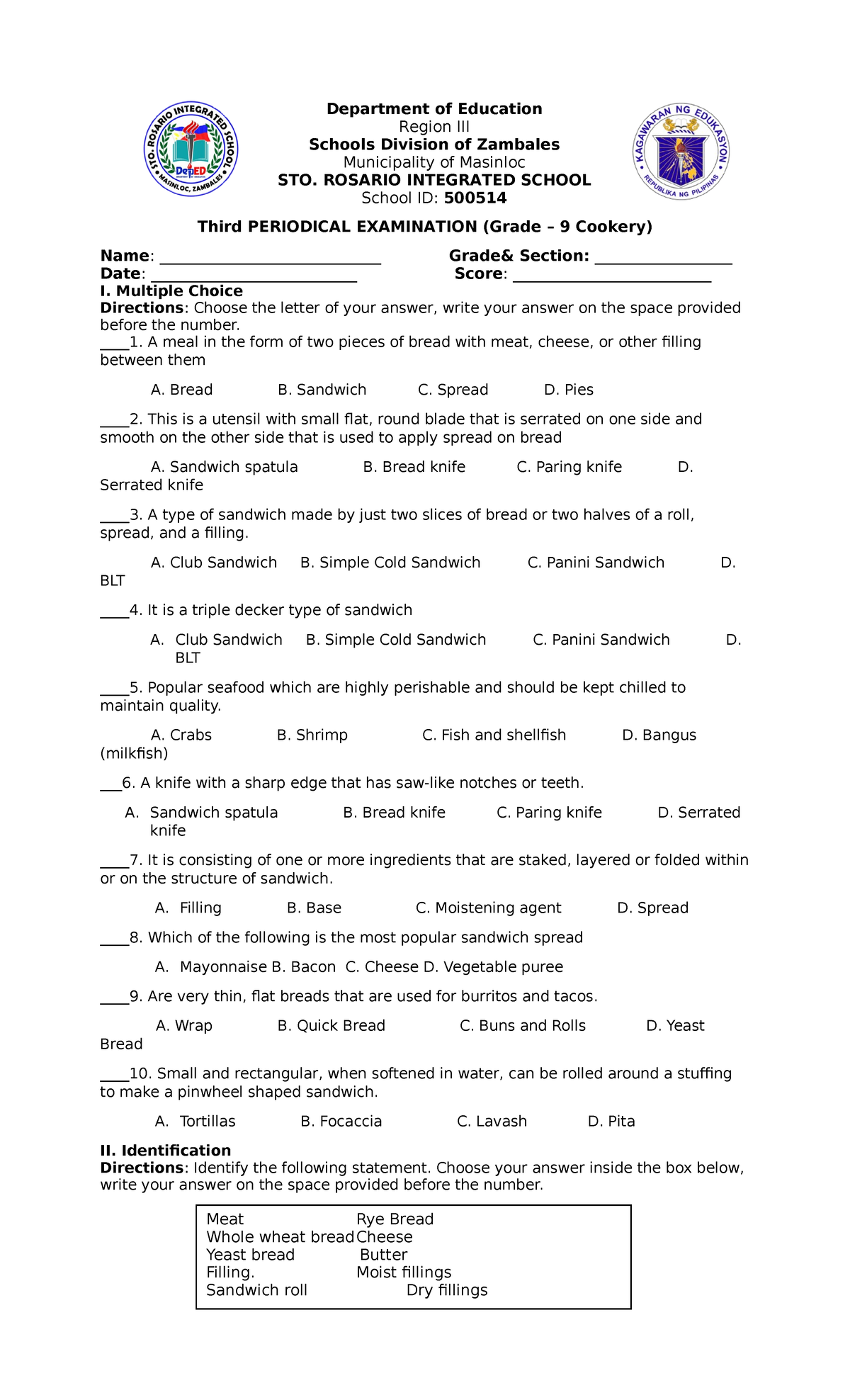 Third Periodical Exam Grade 9 - Department of Education Region III ...