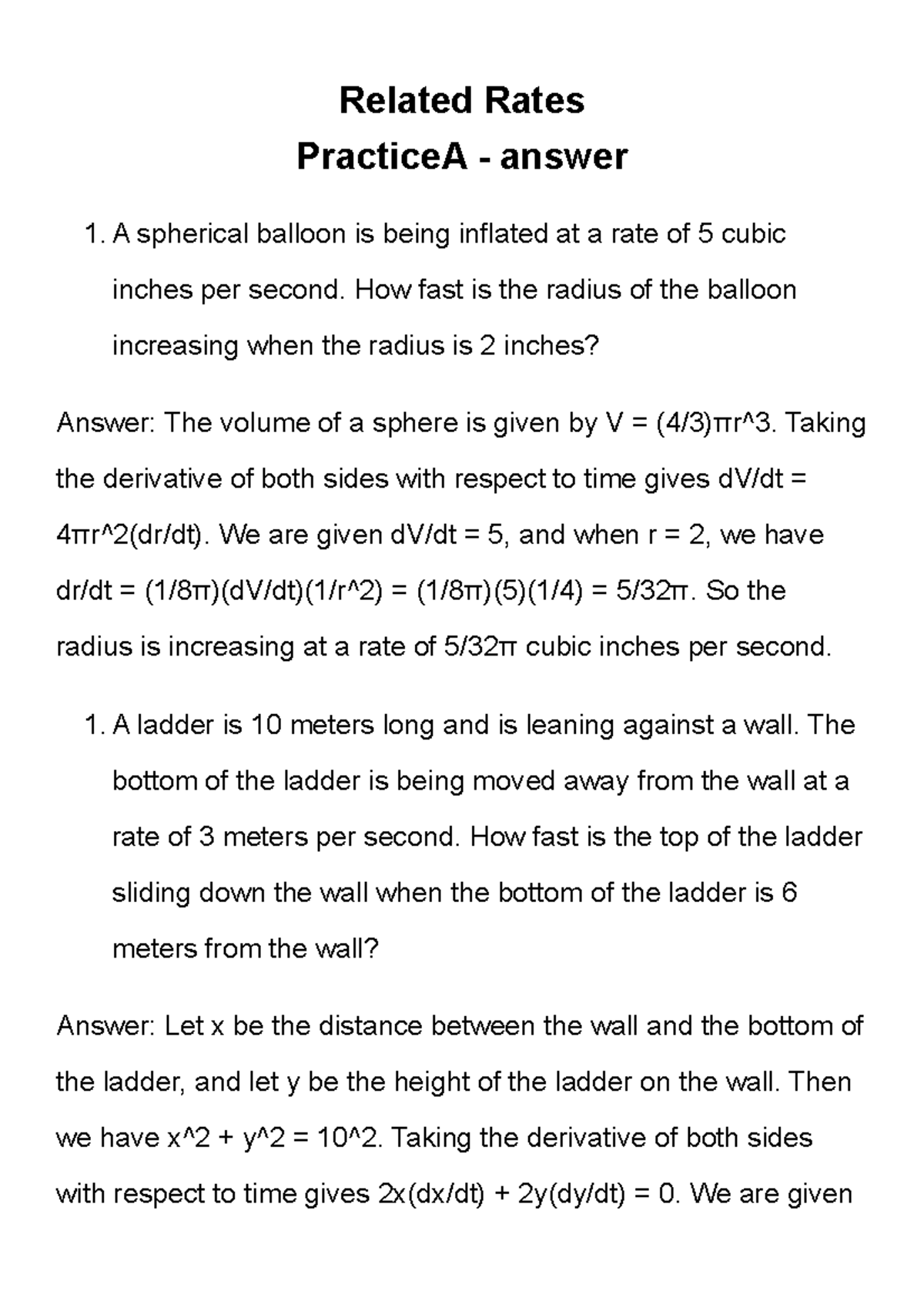 Related Rates Practice A - answer - Related Rates PracticeA - answer A ...