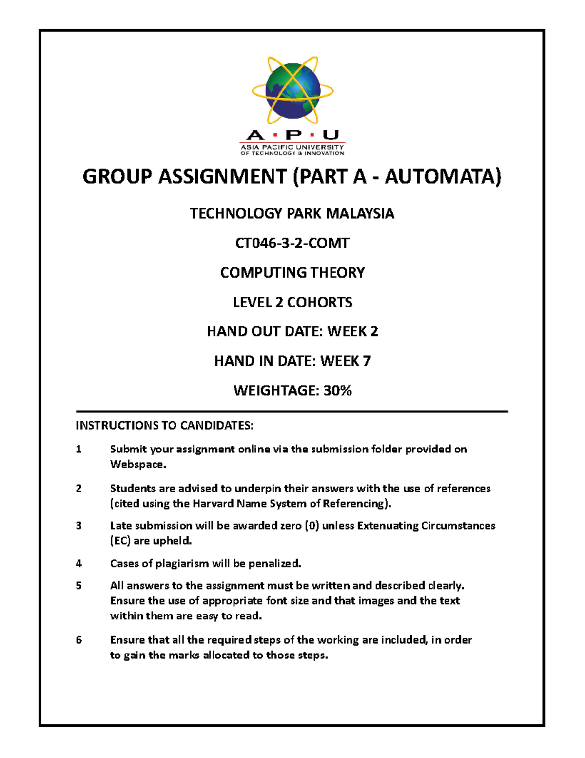 COMT Assignment Part A - GROUP ASSIGNMENT (PART A - AUTOMATA) TECHNOLOGY PARK MALAYSIA - Studocu