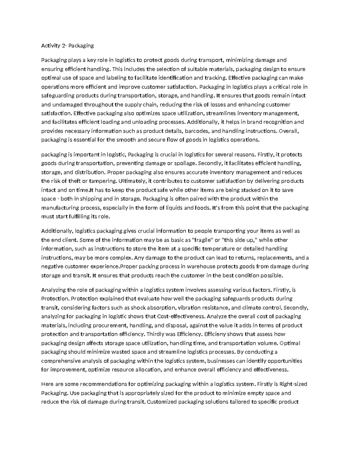 Activity 2- packaging - Activity 2- Packaging Packaging plays a key ...