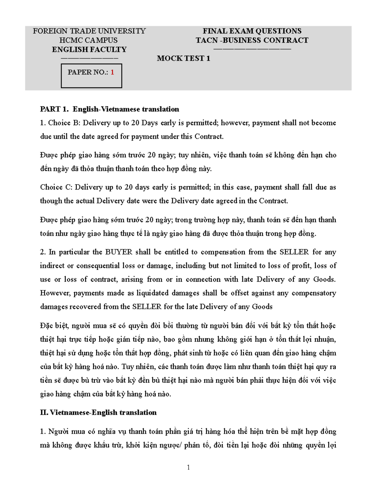 Mock Test 1 190 - Contracts in business - FOREIGN TRADE UNIVERSITY HCMC ...