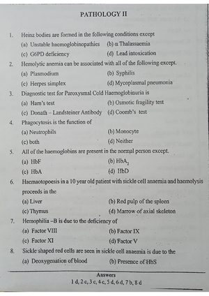 MCQ and answers(Pathology-objective type questions) - Bsc MLT - Studocu