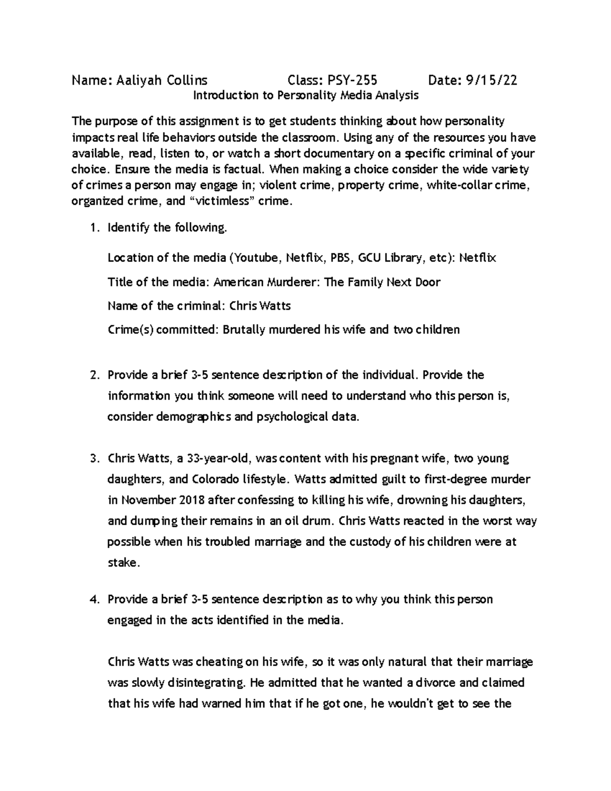 Introduction to Personality Media Analysis Worksheet - Name: Aaliyah ...