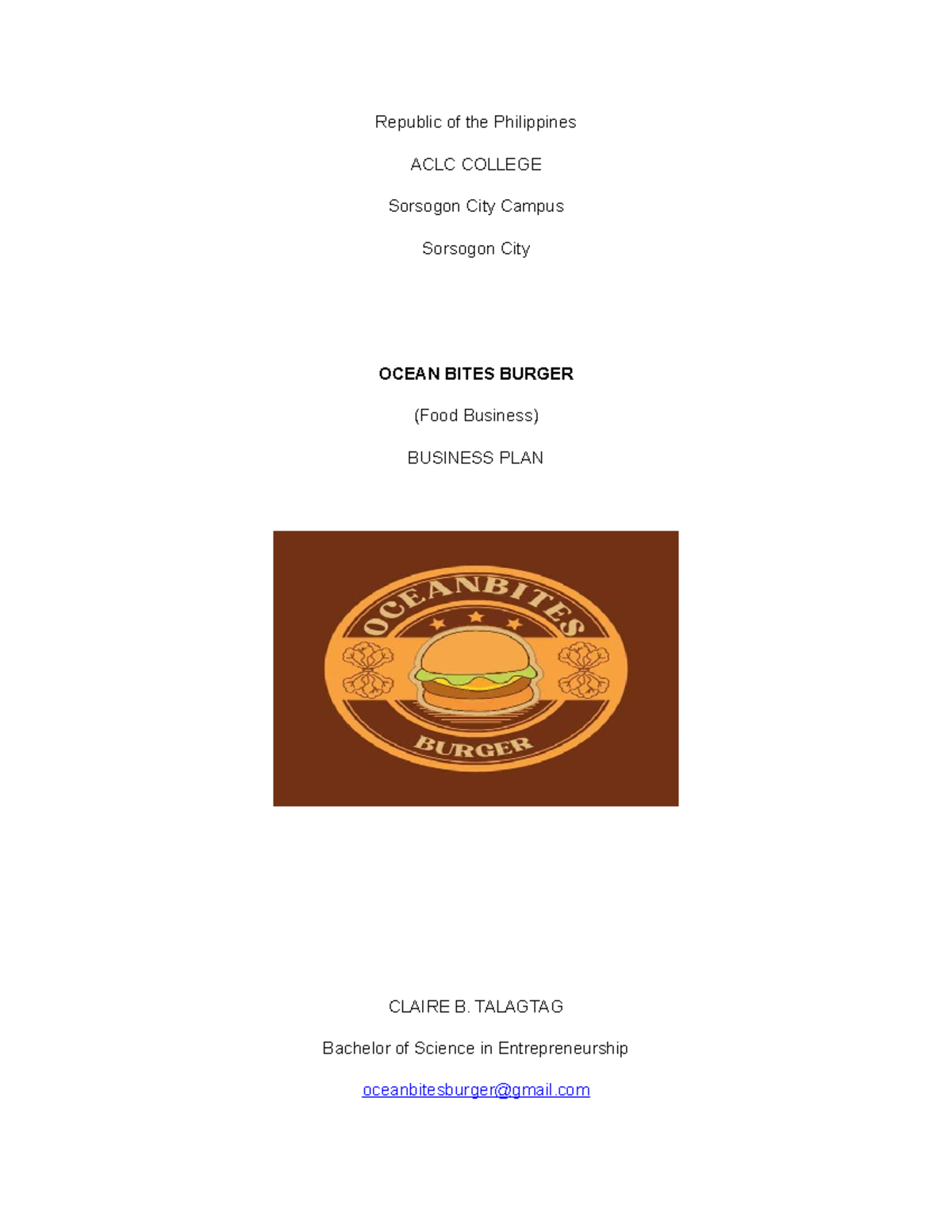 Business-Plan- Claire (1) - Republic of the Philippines ACLC COLLEGE ...