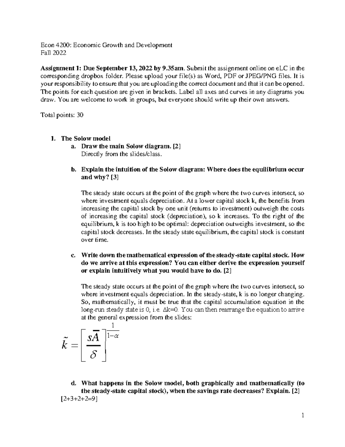 Homework 1 Answer Key - Econ 4200: Economic Growth and Development Fall 2022 Assignment 1: Due ...