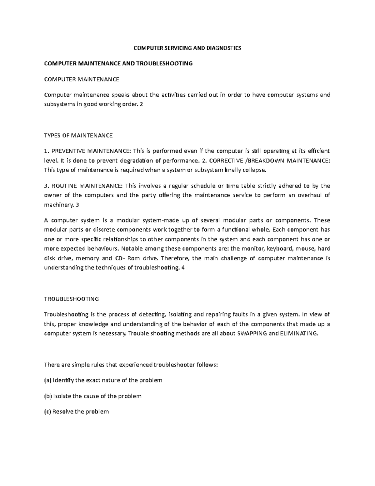 Computer Servicing AND Diagnostics - COMPUTER SERVICING AND DIAGNOSTICS ...