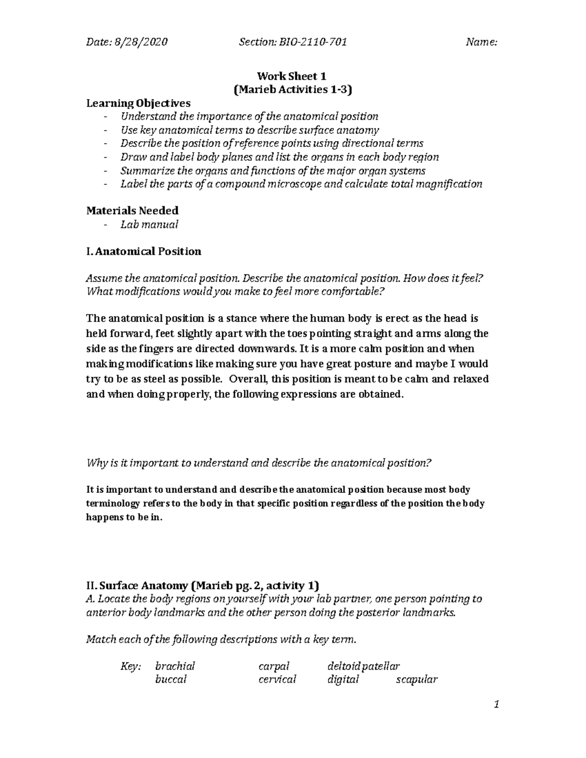 Bio 2110 - Basic intro to biology - Work Sheet 1 (Marieb Activities 1-3 ...