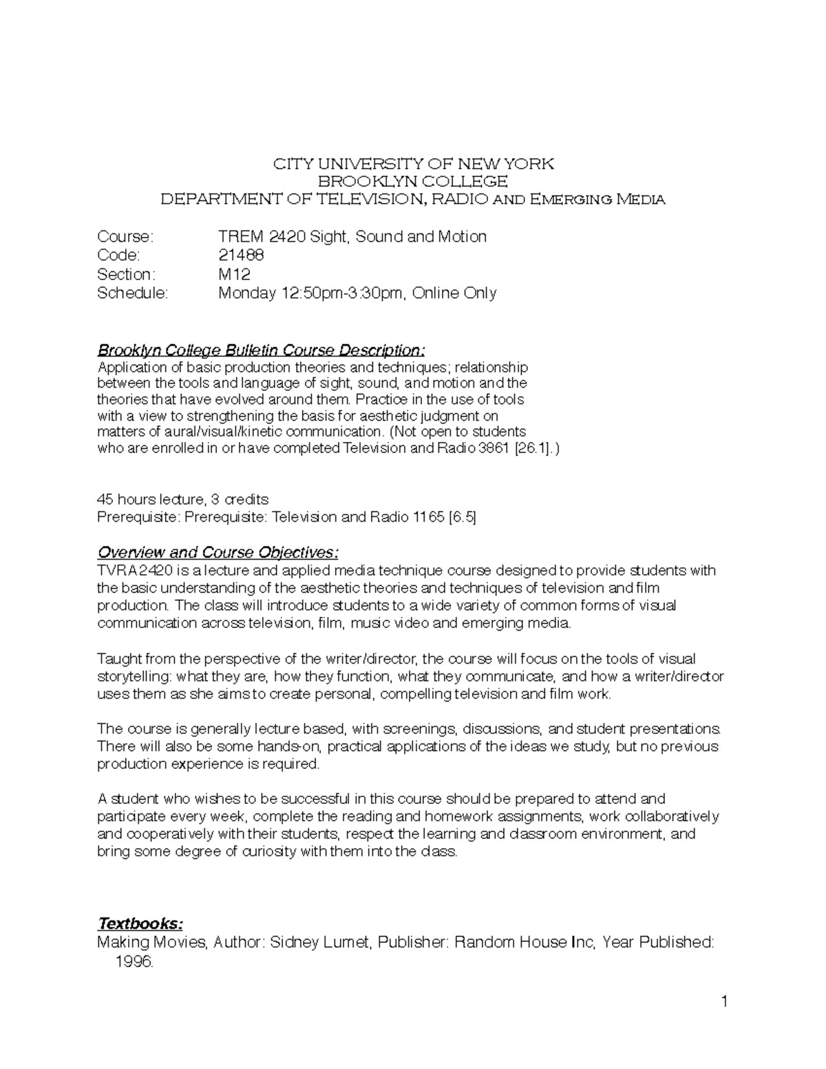 TVRA 2420 Sight, Sound and Motion syllabus Fall 2020 Final - CITY ...