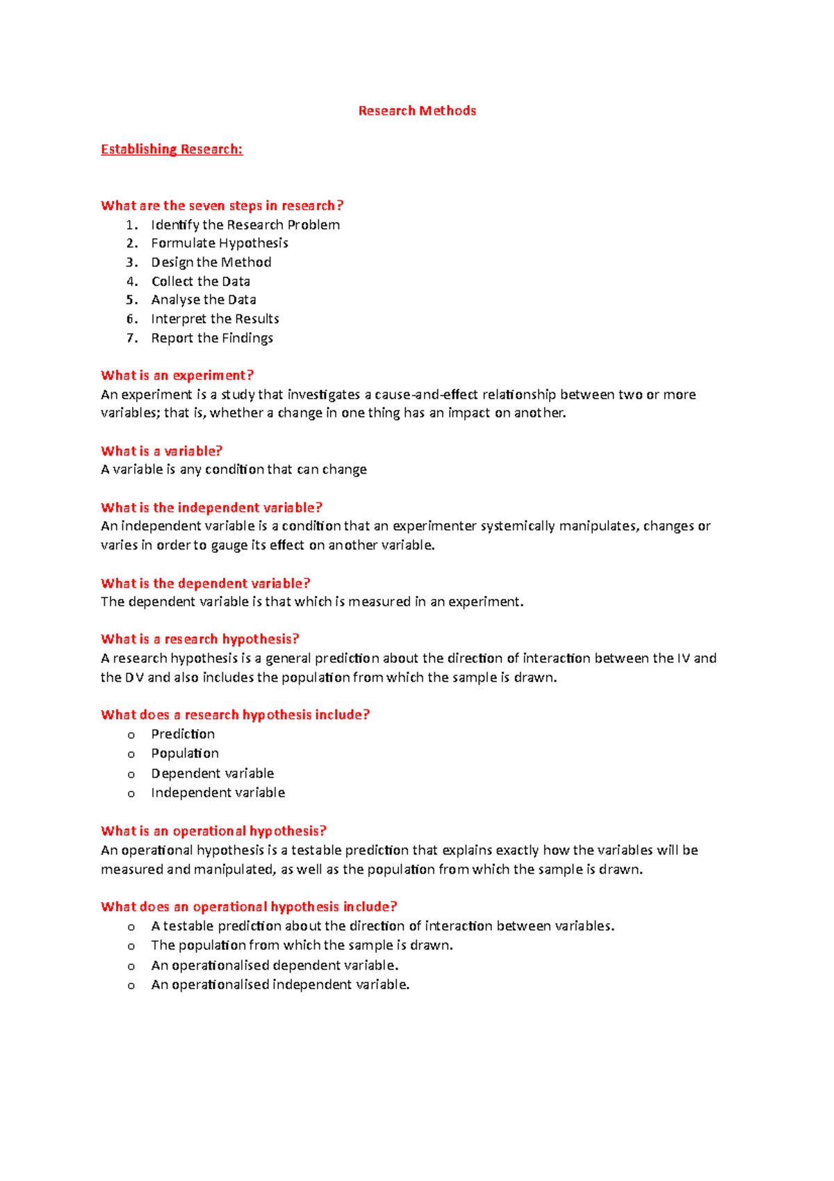 Research Methods - NOtes - Research Methods Establishing Research: What ...