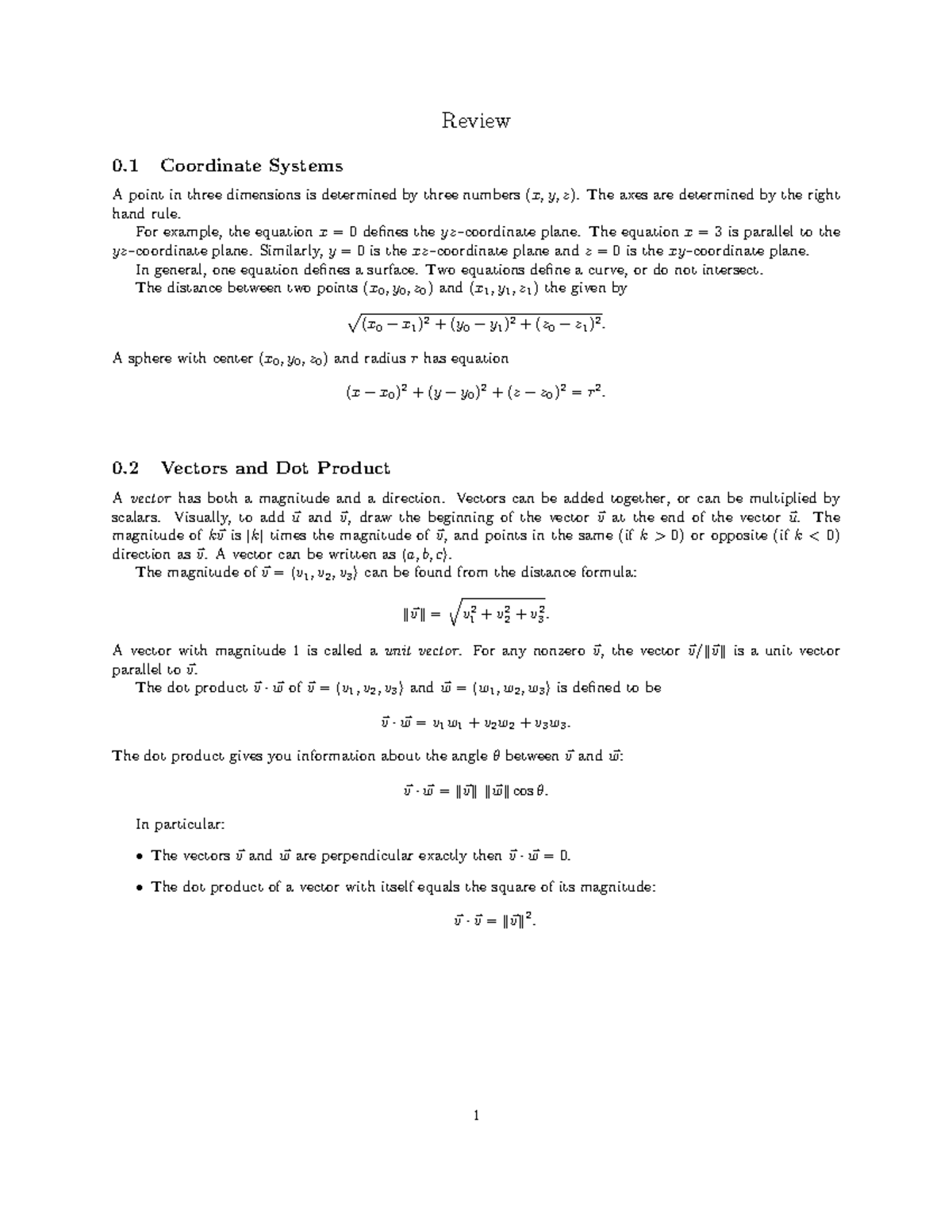 Part One of Calculus III Review - Review 0 Coordinate Systems A point ...