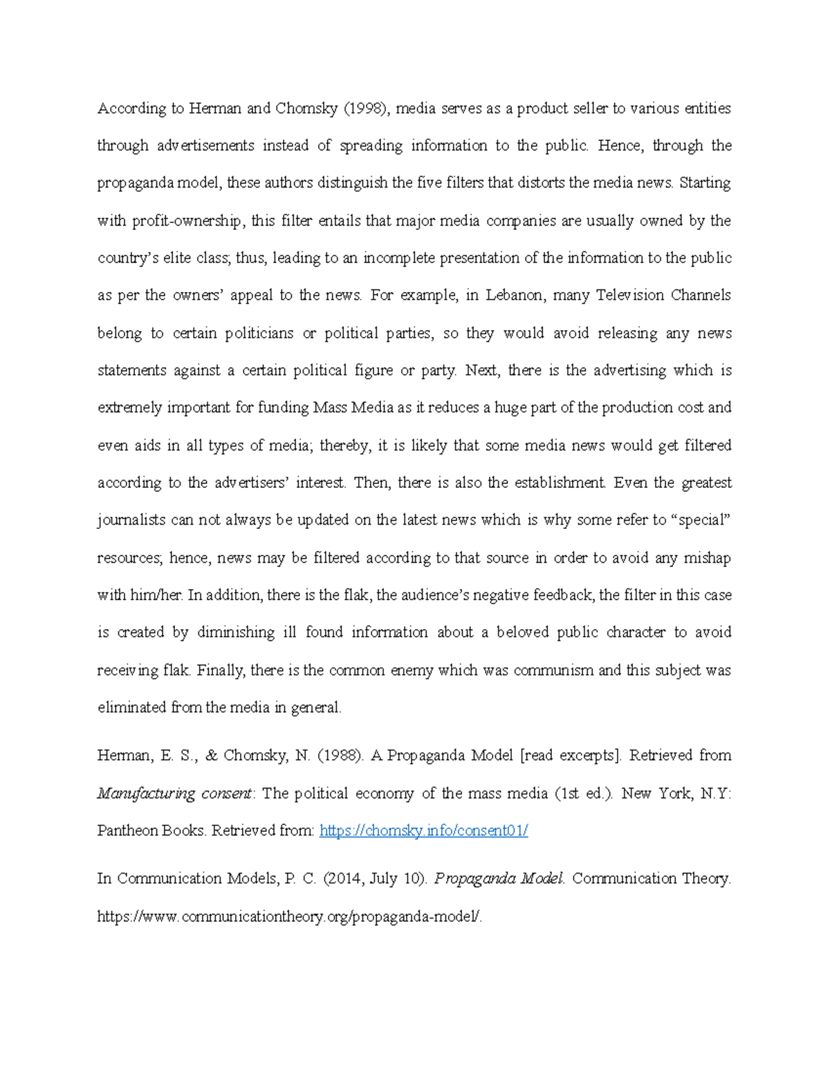 M&S - summary - According to Herman and Chomsky (1998), media serves as ...