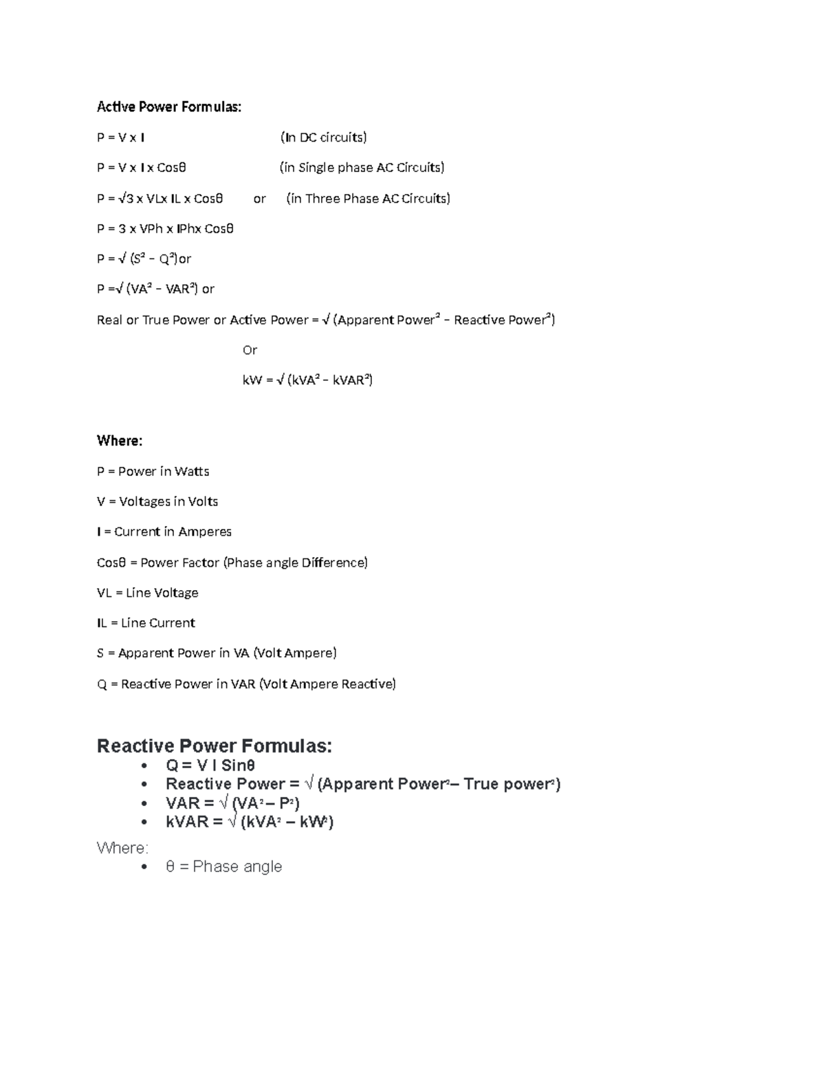Formulas PSA - Active Power Formulas: P = V x I (In DC circuits) P = V ...