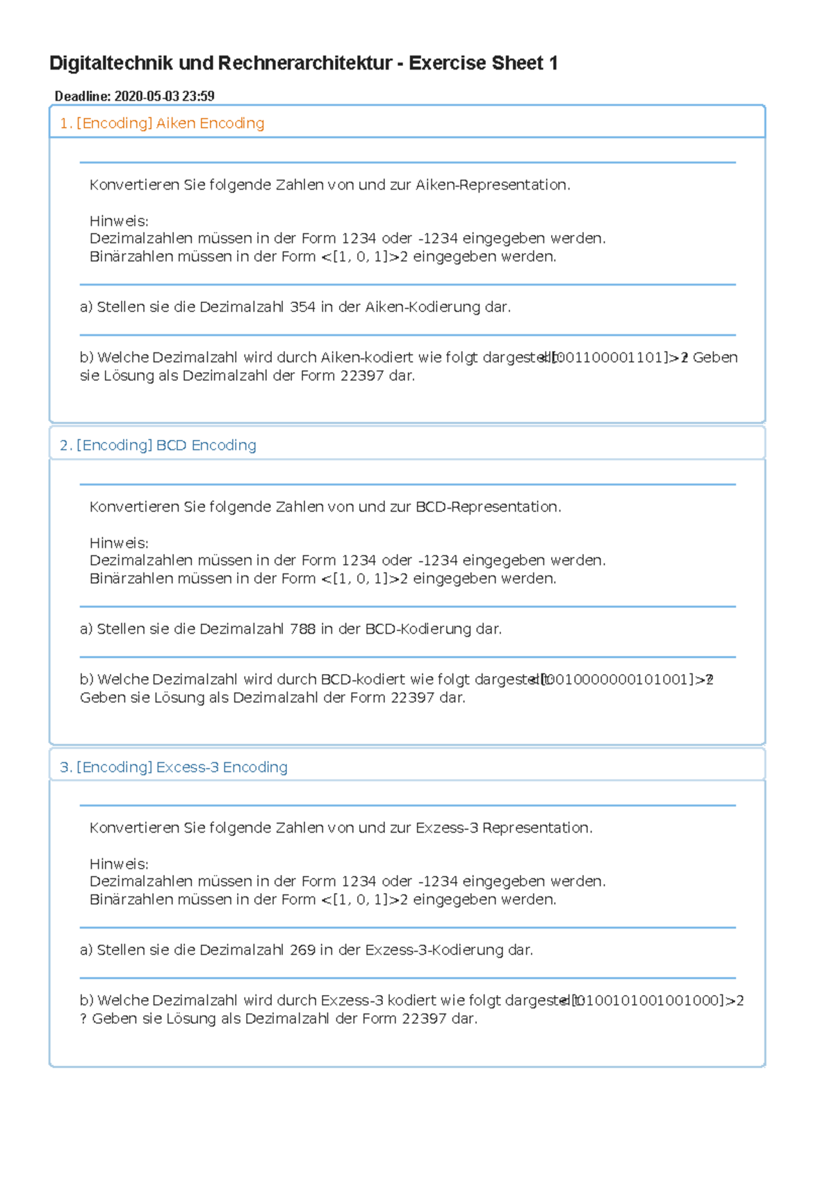 1 - Übung 1 - Digitaltechnik und Rechnerarchitektur - Exercise Sheet 1 ...