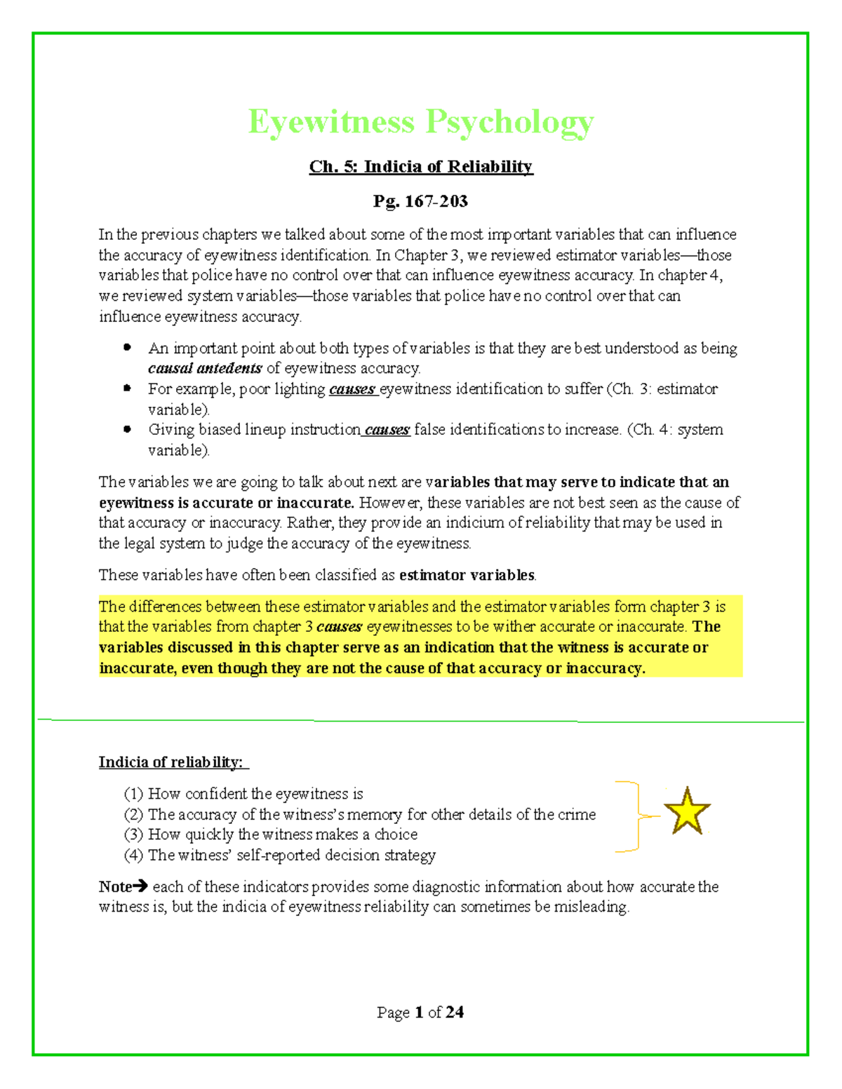 Eyewitness Psychology Ch 5 Note - Eyewitness Psychology Ch. 5: Indicia ...