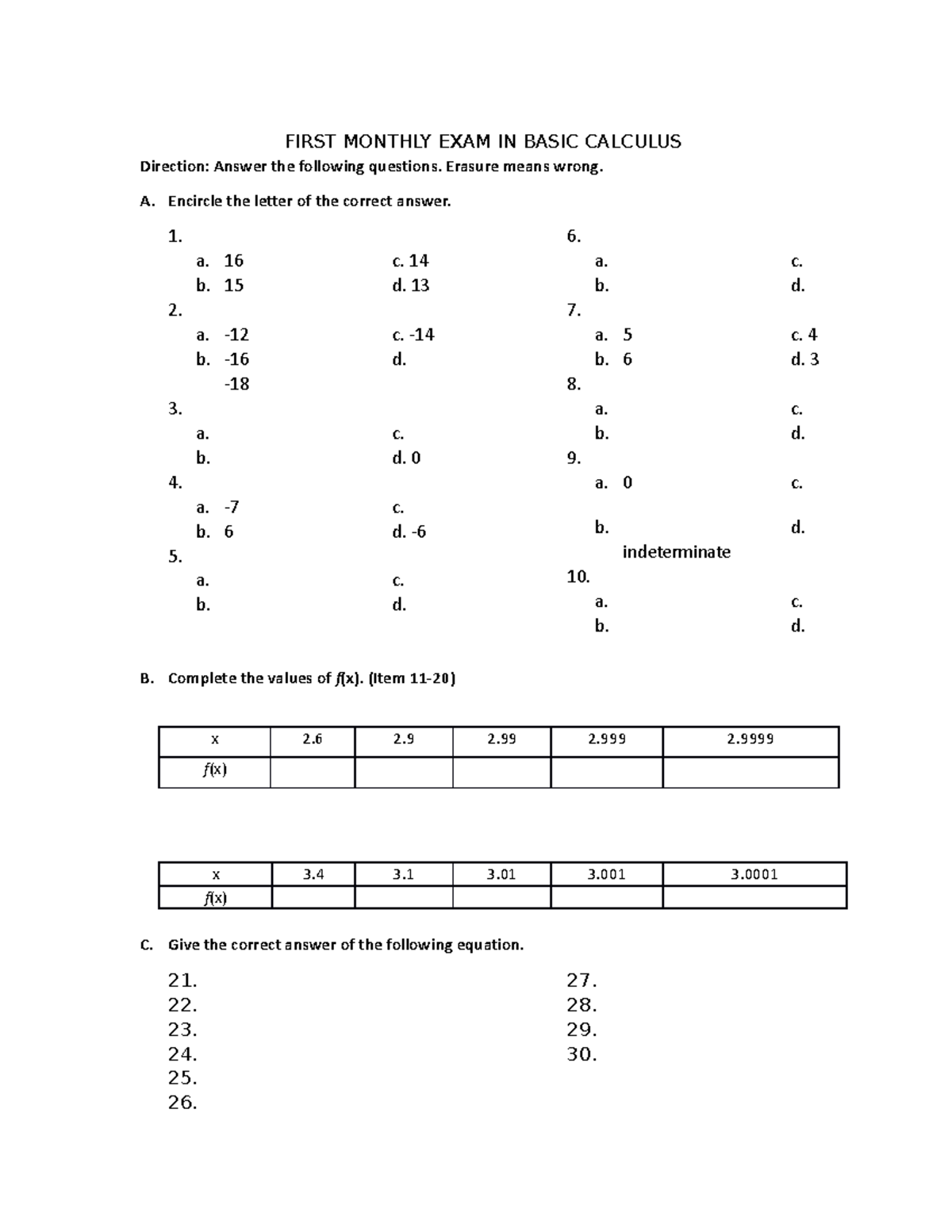Basic Calculus EXAM - FIRST MONTHLY EXAM IN BASIC CALCULUS Direction ...